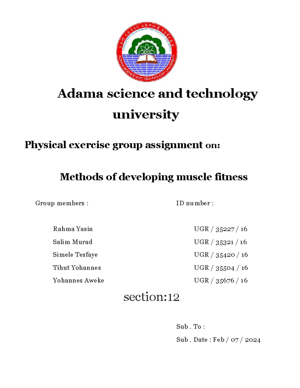 PE Assignment - Adama science and technology university Physical exercise group assignment on ...