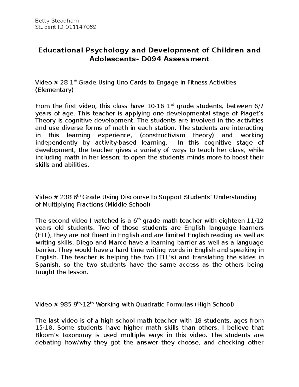 D094 Task 1 - This was easy - Betty Steadham Student ID 011147069 ...