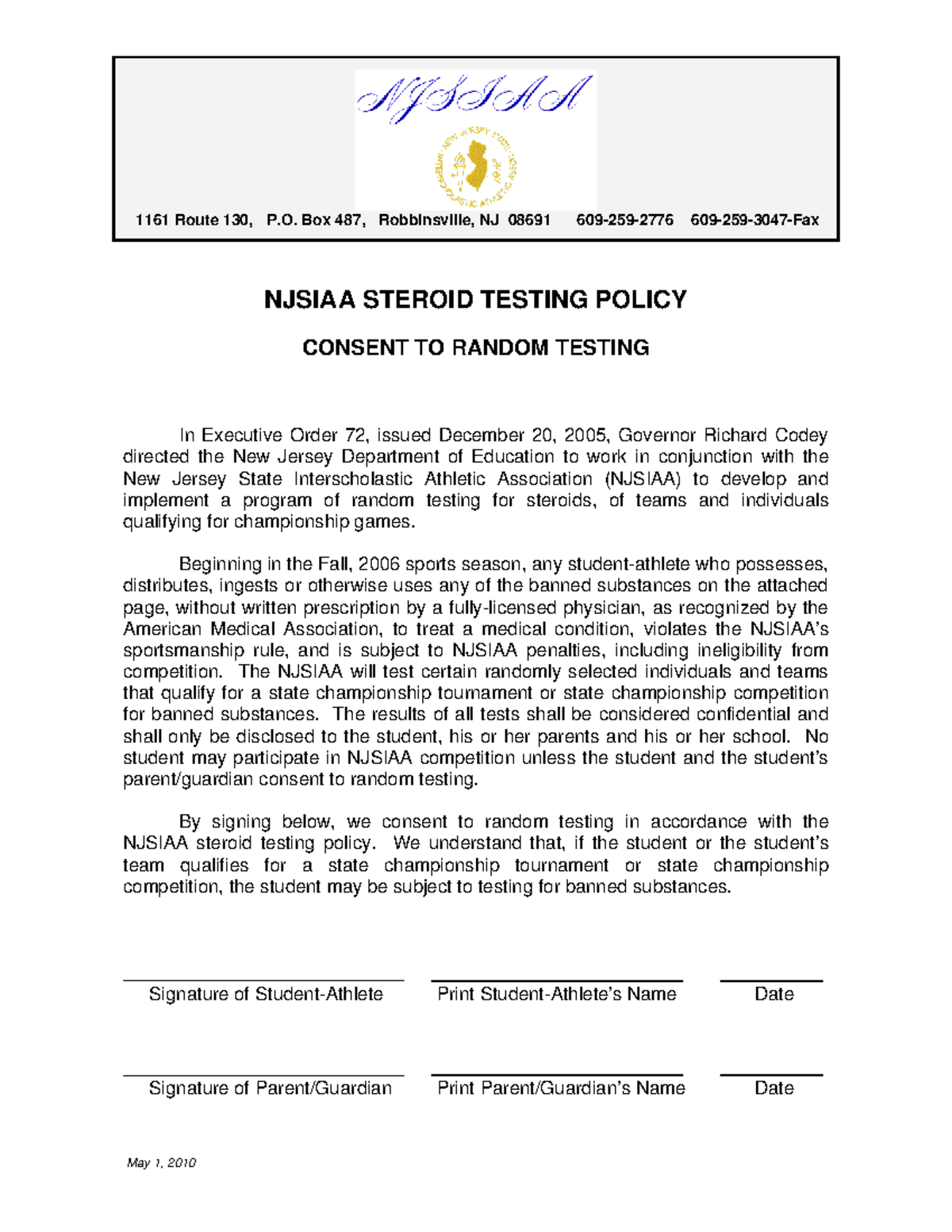Steroid Test Consent Form - 1161 Route 130, P. Box 487, Robbinsville ...