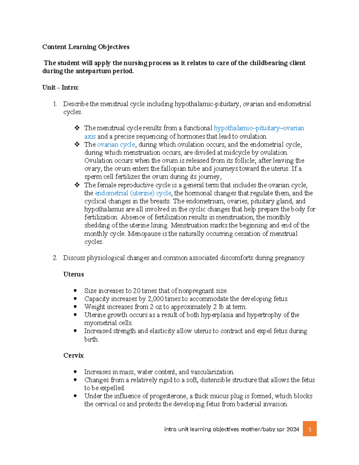 Intro UNIT Learning Objectives Mother BABY SPR 2024 - Content Learning ...