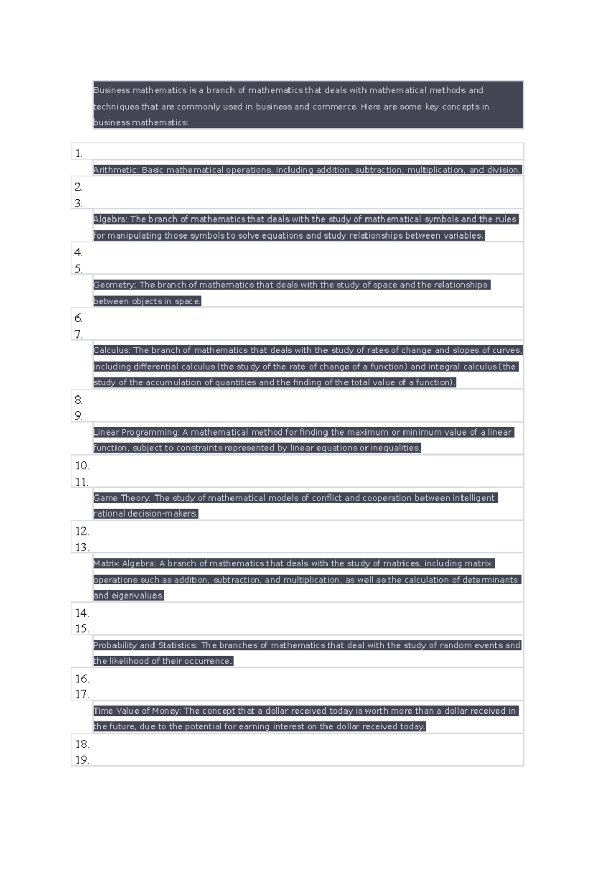 Business Mathematics - Here are some key concepts in business ...