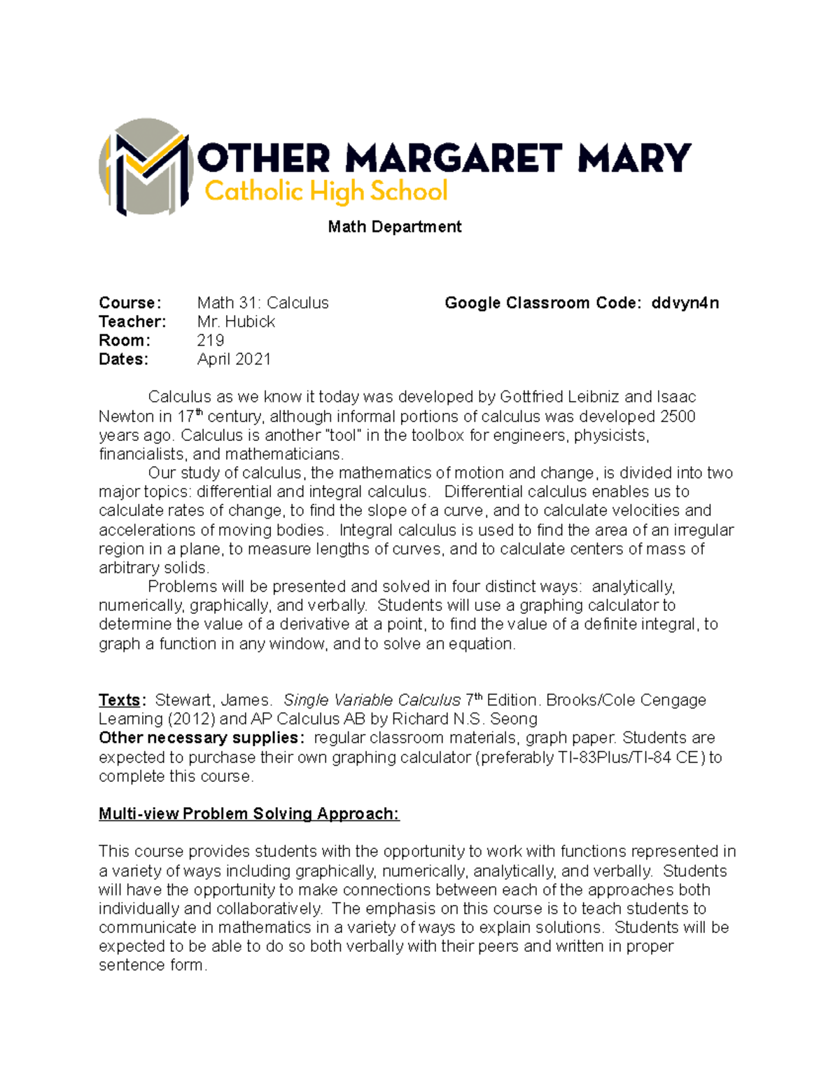 Mathematics 31 Course Outline/ 1st Year Uni Calculus - Math Department ...