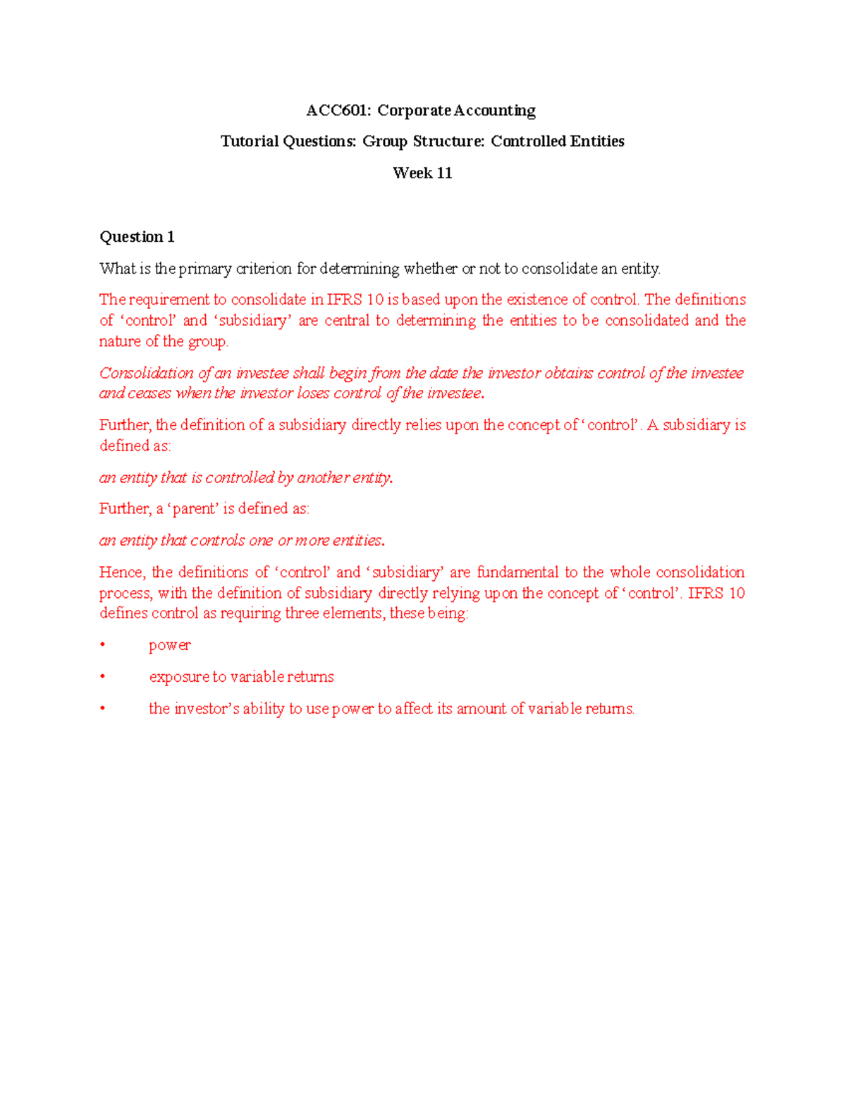 Week 11 Tutorial Solutions - ACC601: Corporate Accounting Tutorial Questions: Group Structure ...