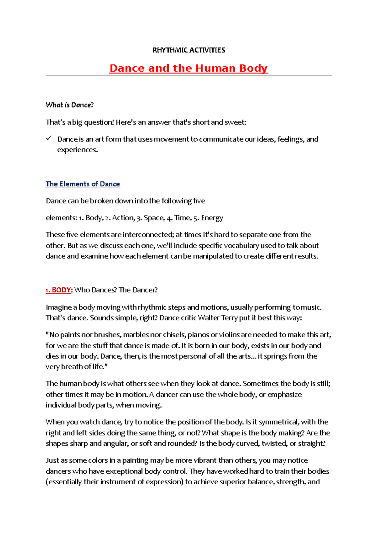 Dance and the Human Body - RHYTHMIC ACTIVITIES Dance and the Human Body ...