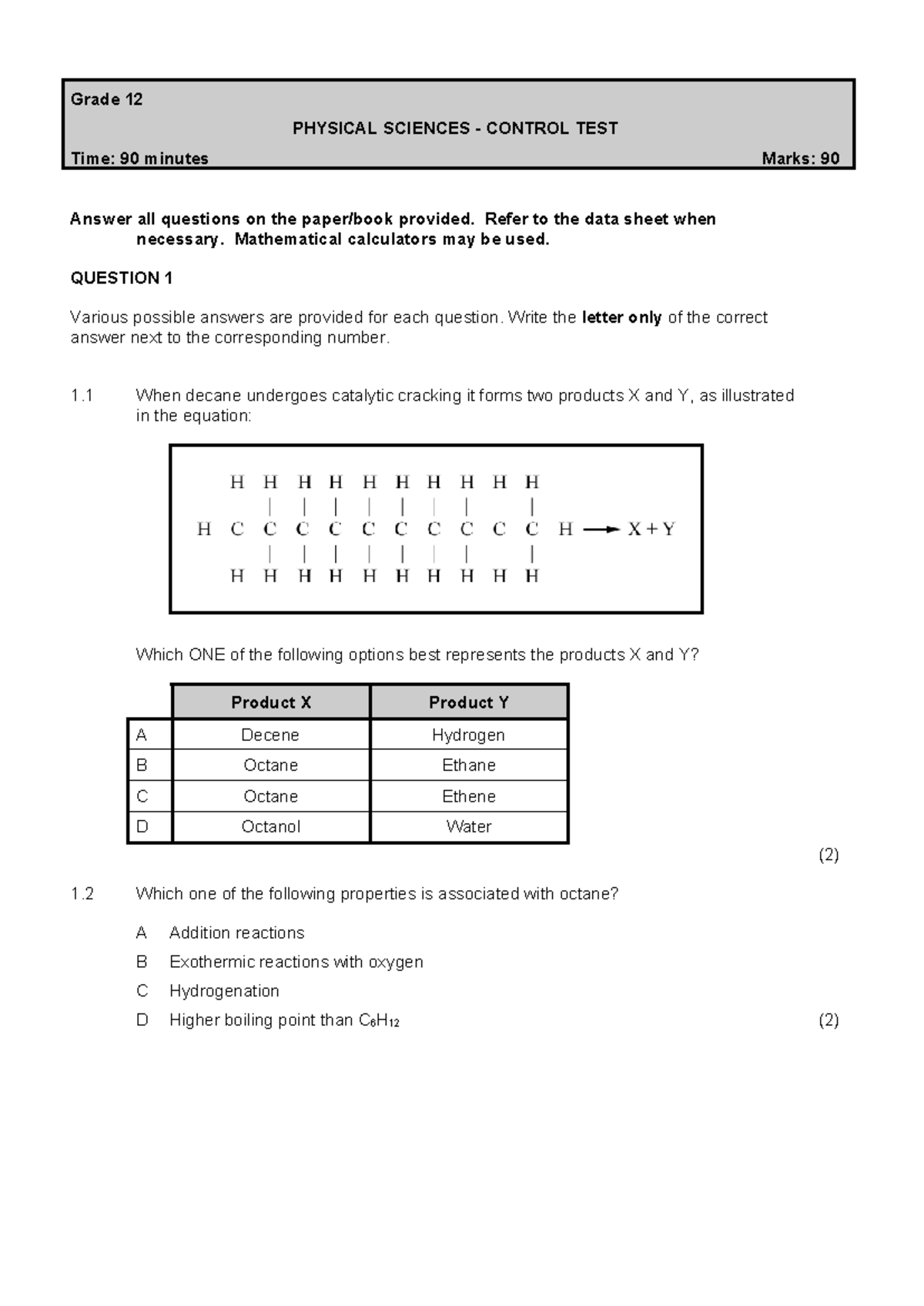 2 term 1 test questions 1 1 - Grade 12 PHYSICAL SCIENCES - CONTROL TEST ...