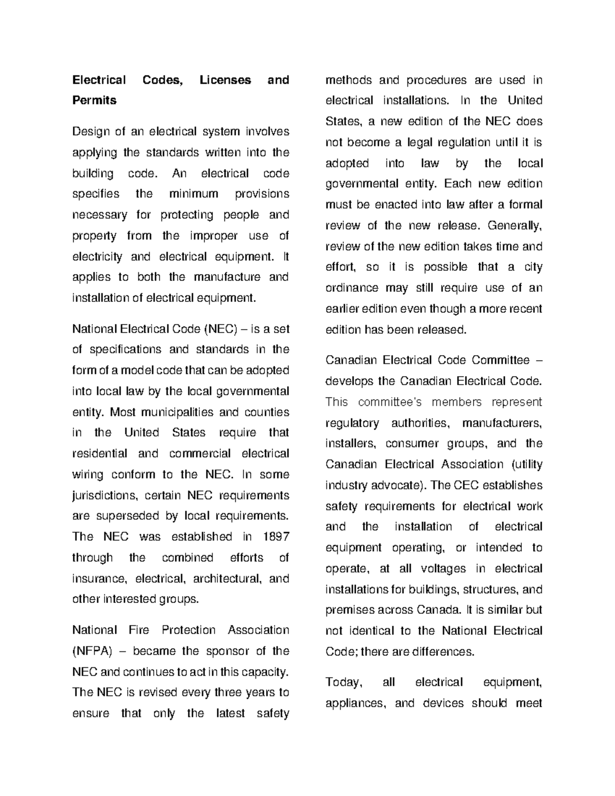 Electrical Codes, Licenses and Permits - Electrical Codes, Licenses and ...