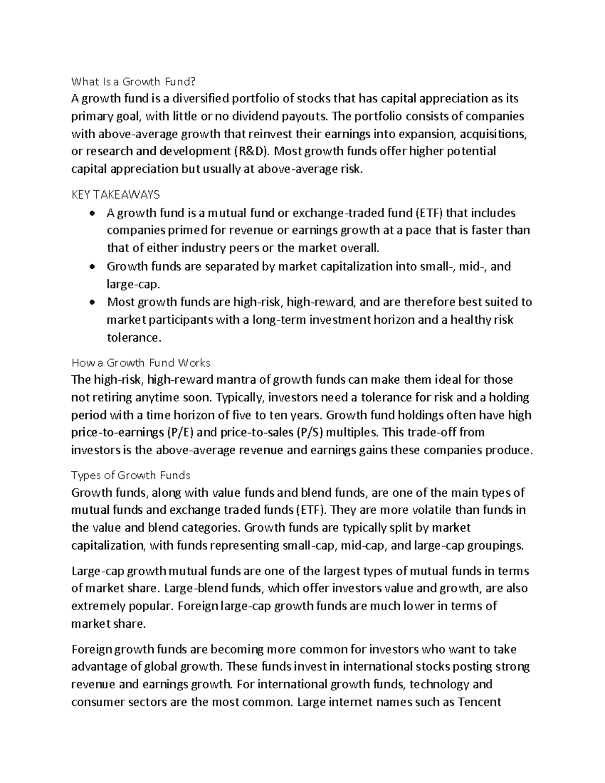 Growth Funds - Lecture Notes - What Is a Growth Fund? A growth fund is ...