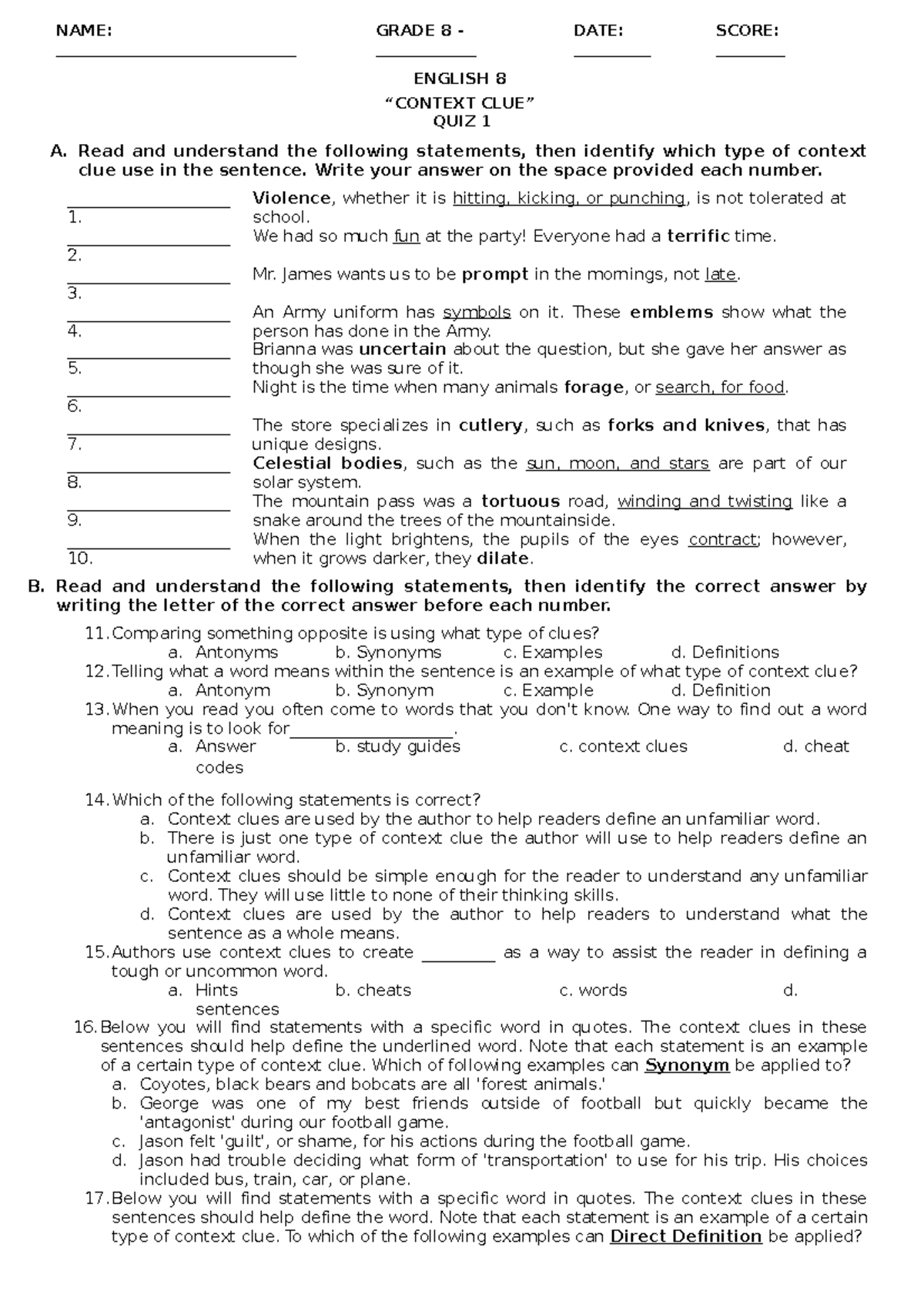 Quiz 1 - Short quiz for context clues. - NAME: GRADE 8 - DATE: SCORE ...