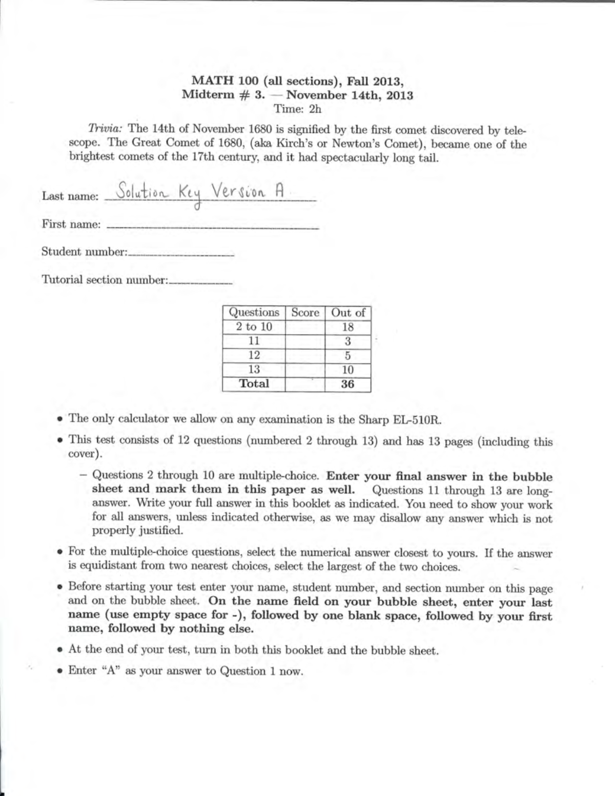 Exam 14 November 2013, Questions and answers - midterm3 - Math100 - Studocu