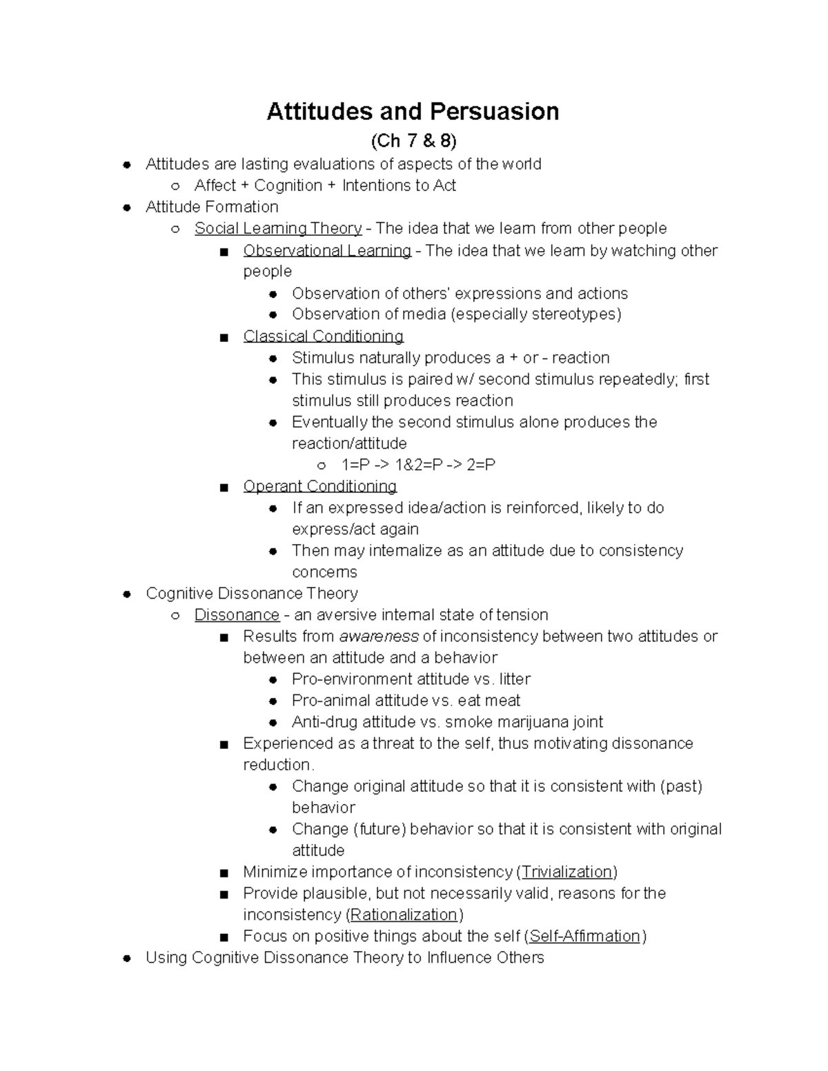 PSY 275 Notes - Attitudes and Persuasion (Ch 7 & 8) Attitudes are ...