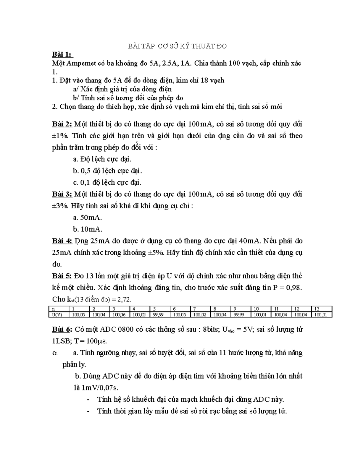 Bt đo lường - vhghgh - BÀI TẬP CƠ SỞ KỸ THUẬT ĐO Bài 1: Một Ampemet có ...