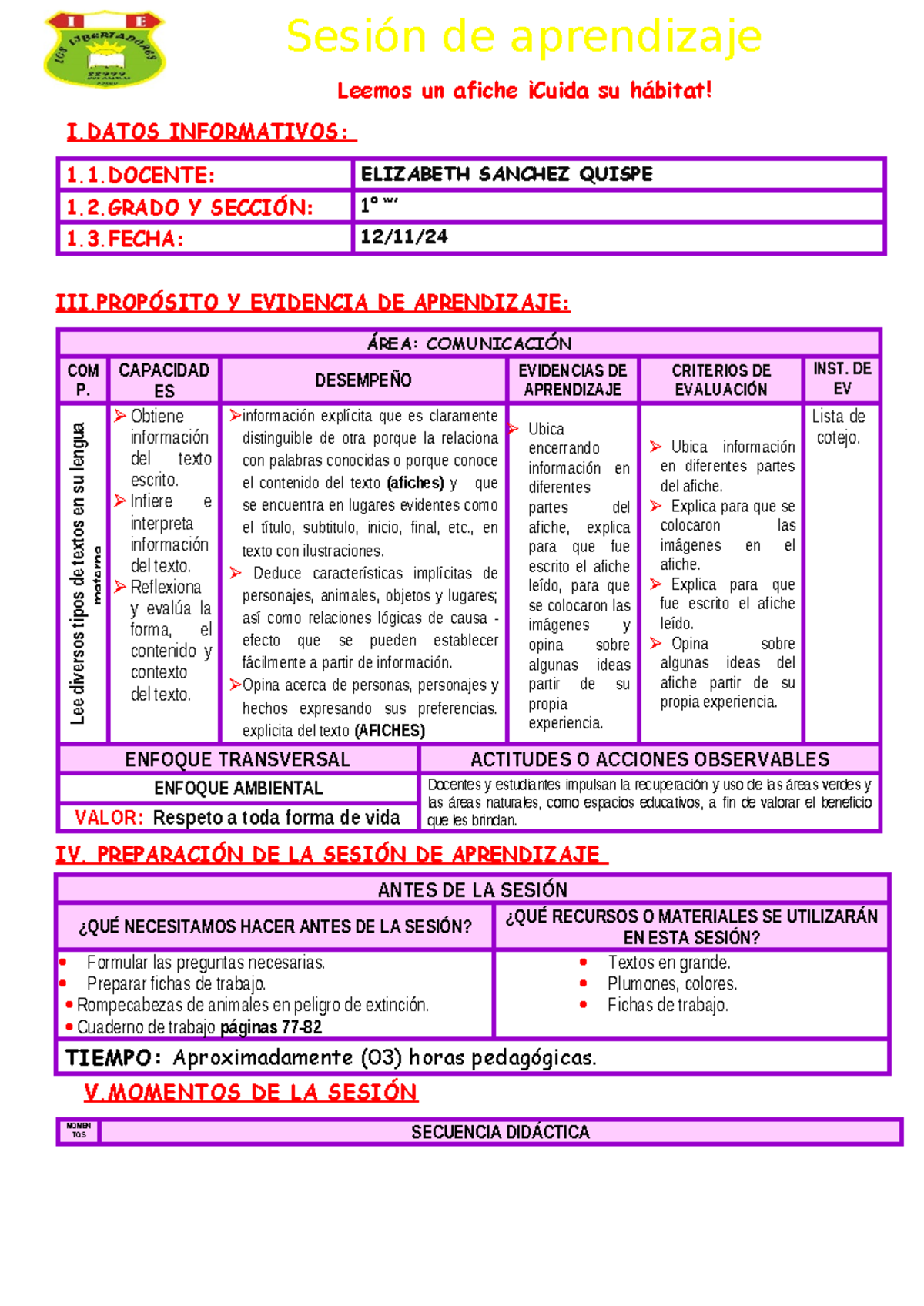 Sesión Leemos UN Afiche Cuida SU Hábitat Maestra Janet - Sesión de ...