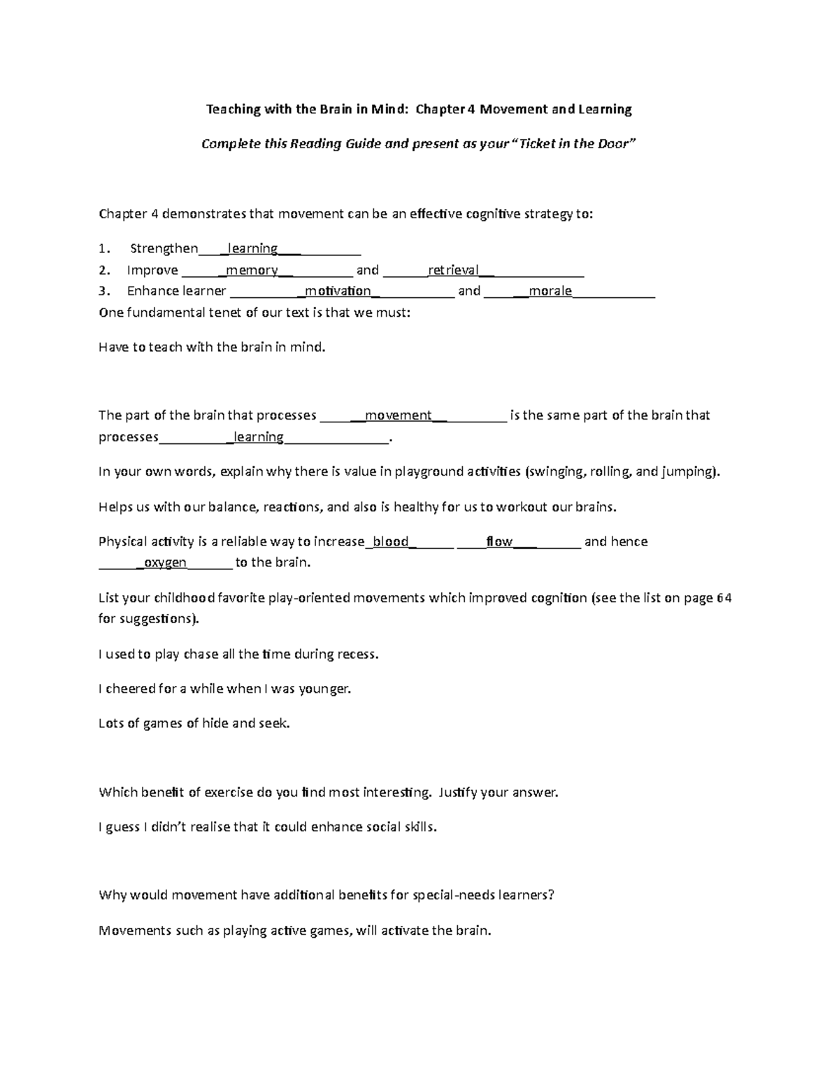 Teaching with the Brain in Mind Chapter 4 Movement and Learning - The ...