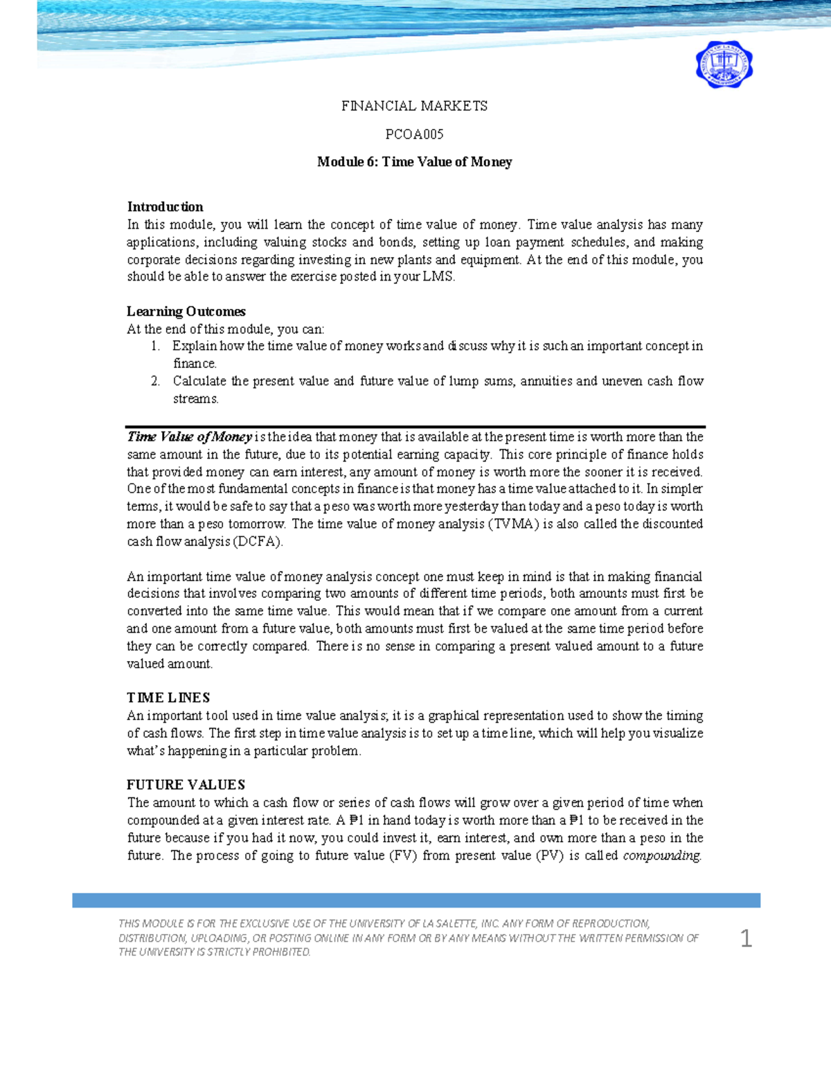 PCOA005 Module 6 Financial Market - THIS MODULE IS FOR THE EXCLUSIVE ...