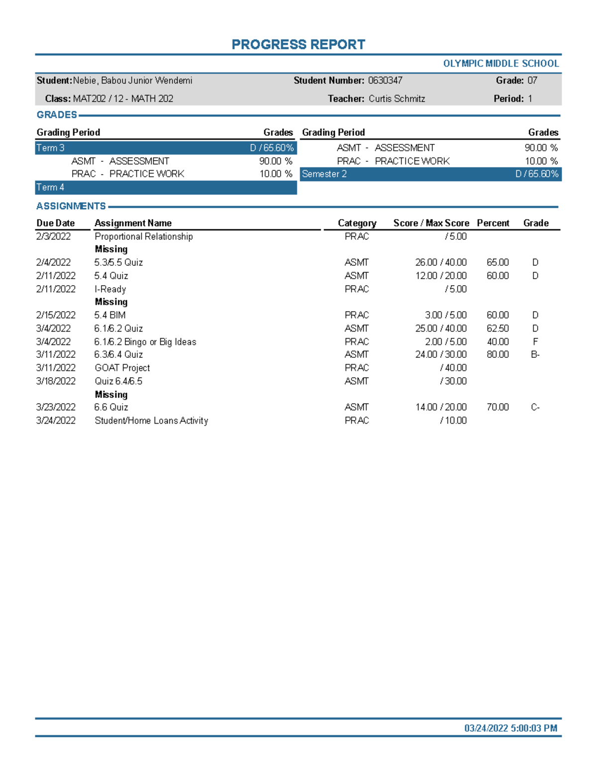3rd Quarter Midterm - I need to pass an assignment. - PROGRESS REPORT OLYMPIC MIDDLE SCHOOL ...