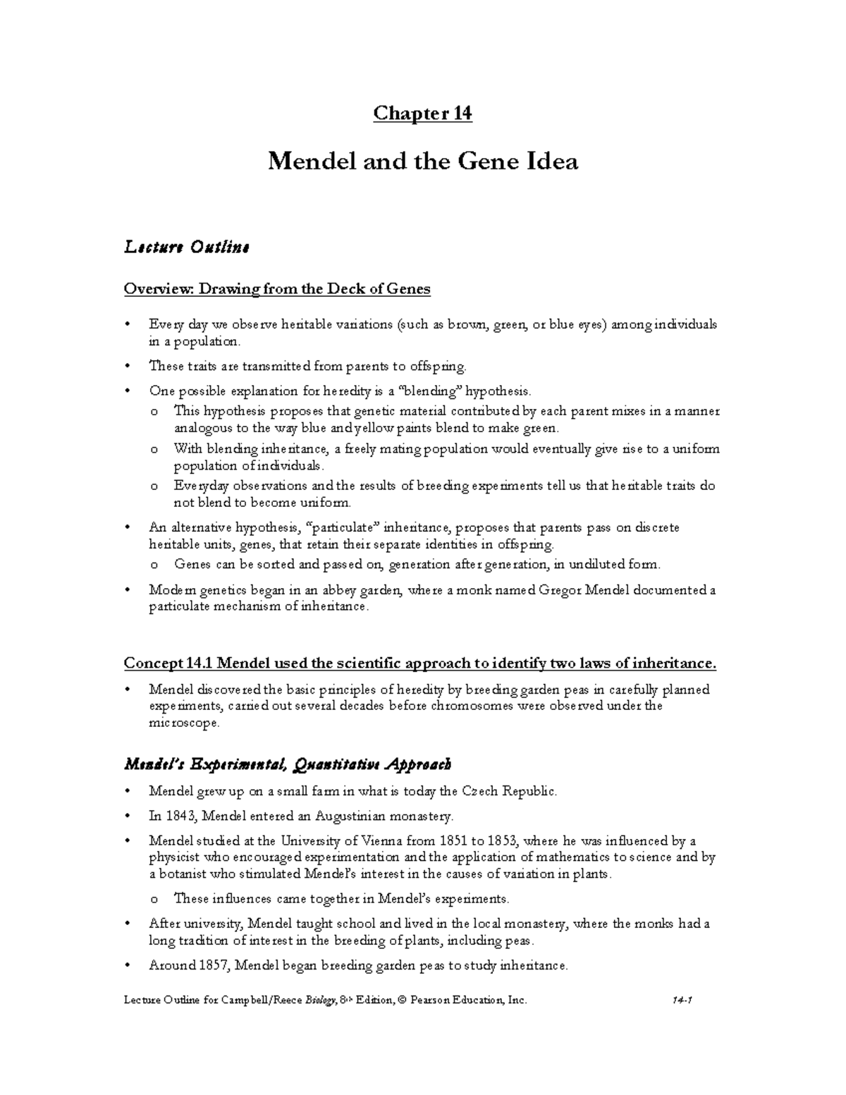 Chapter 14 Lecture Notes - Chapter 14 Mendel and the Gene Idea Lecture ...