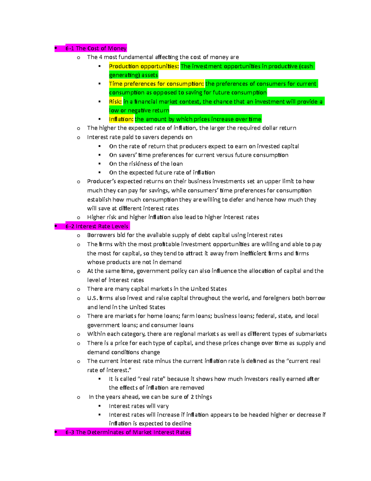 Finance Chapter 6 - notes from textbook - 6-1 The Cost of Money o The 4 ...