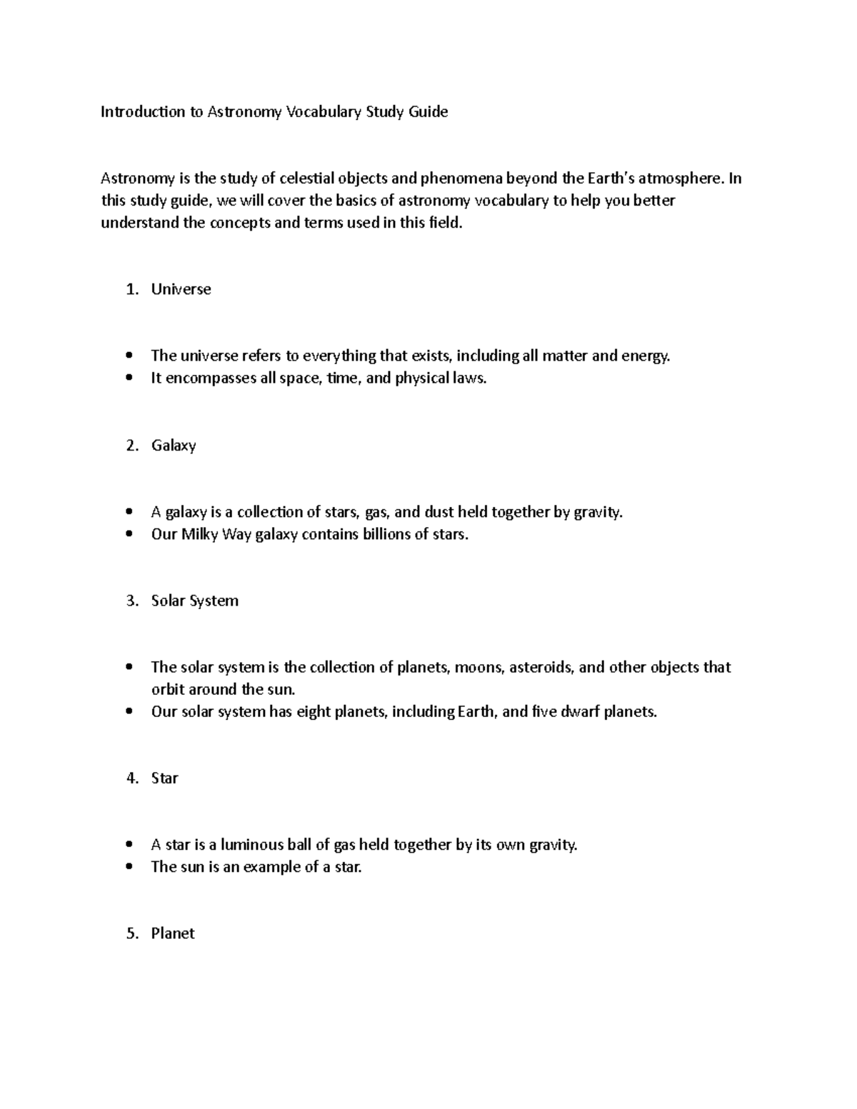 Document 11 - Astronomy Vocabulary Study Guide: This study guide ...