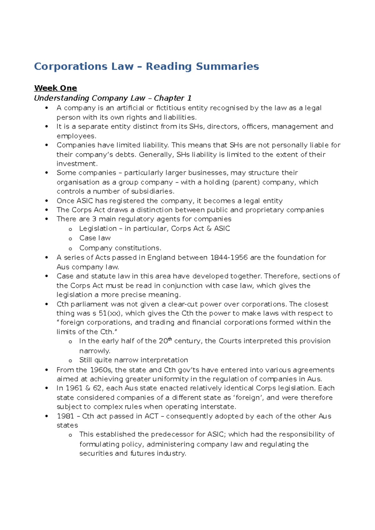 Corporations Law – Reading Summaries - It is a separate entity distinct ...