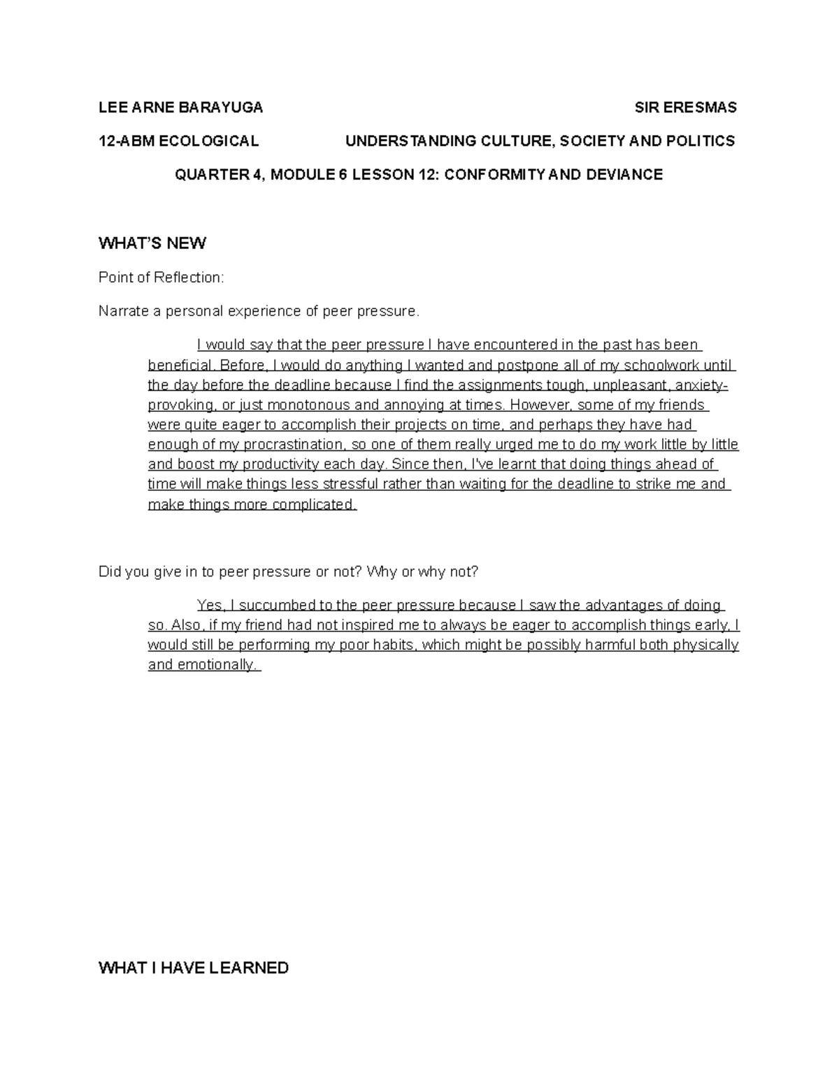 UCSP Module 6 Lesson 12 Conformity and Deviance - LEE ARNE BARAYUGA SIR ...