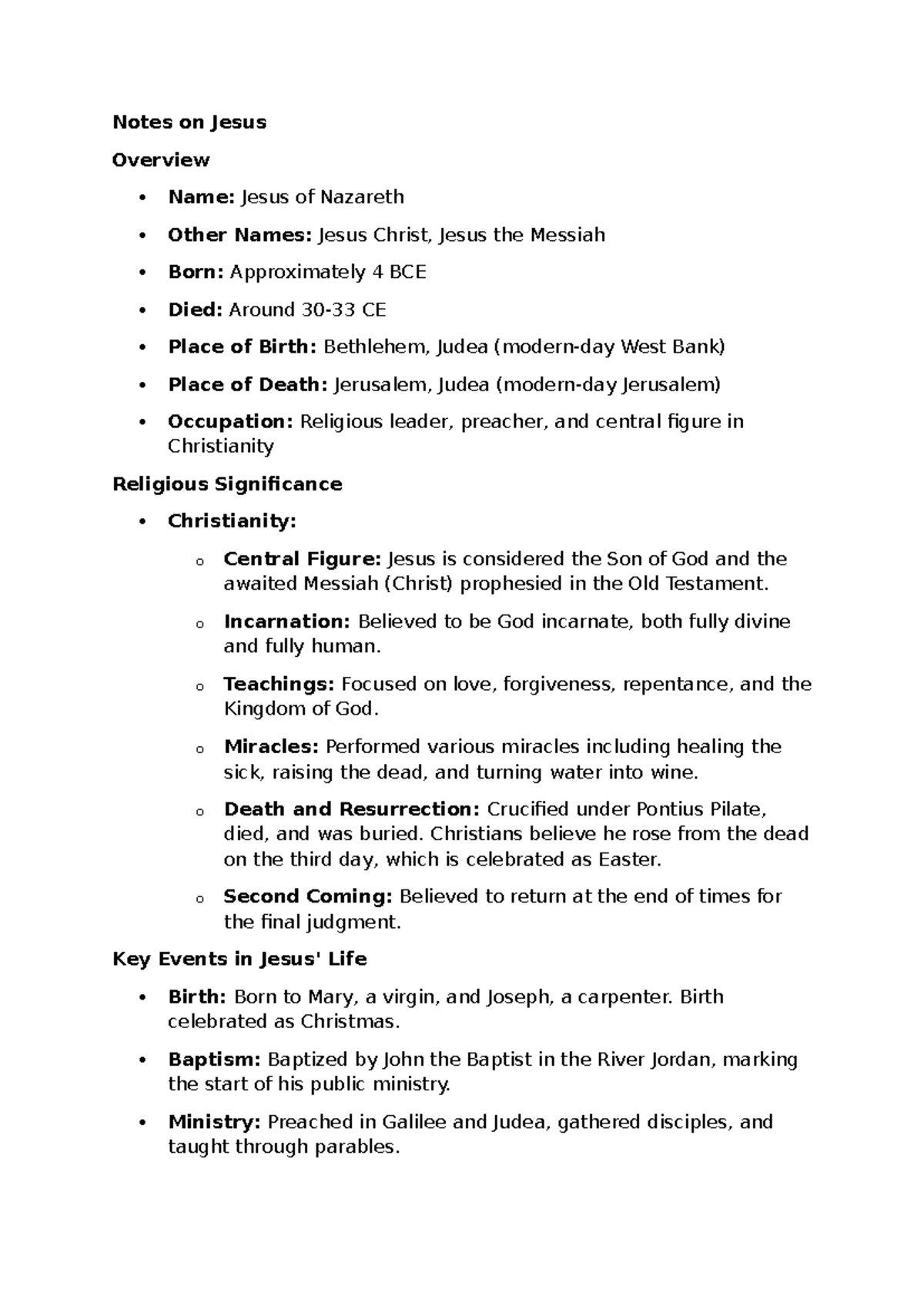 Notes on Jesus - Notes on Jesus Overview Name: Jesus of Nazareth Other ...