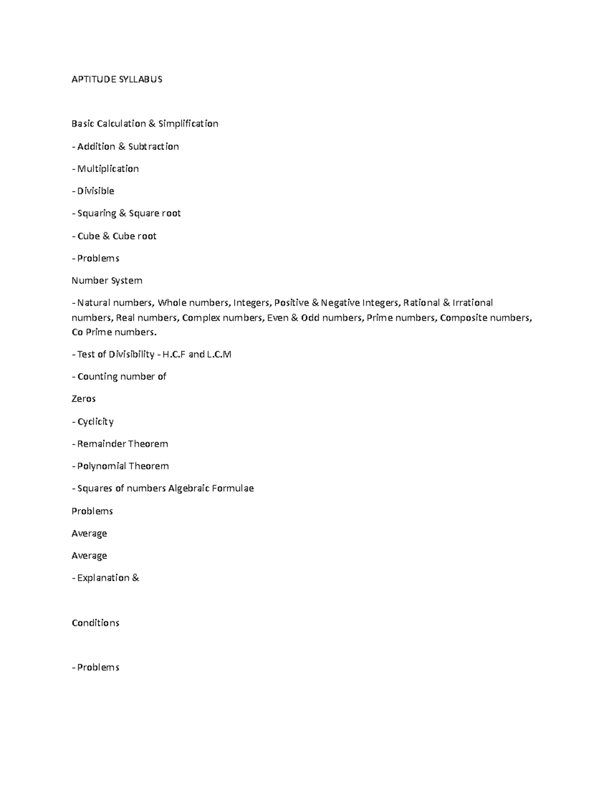 Quant syllabus - APTITUDE SYLLABUS Basic Calculation & Simplification ...