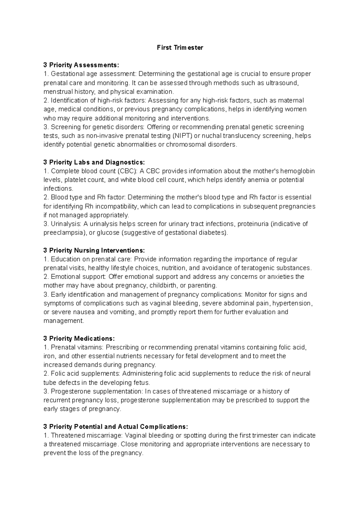 First Trimester... think notes - First Trimester 3 Priority Assessments ...