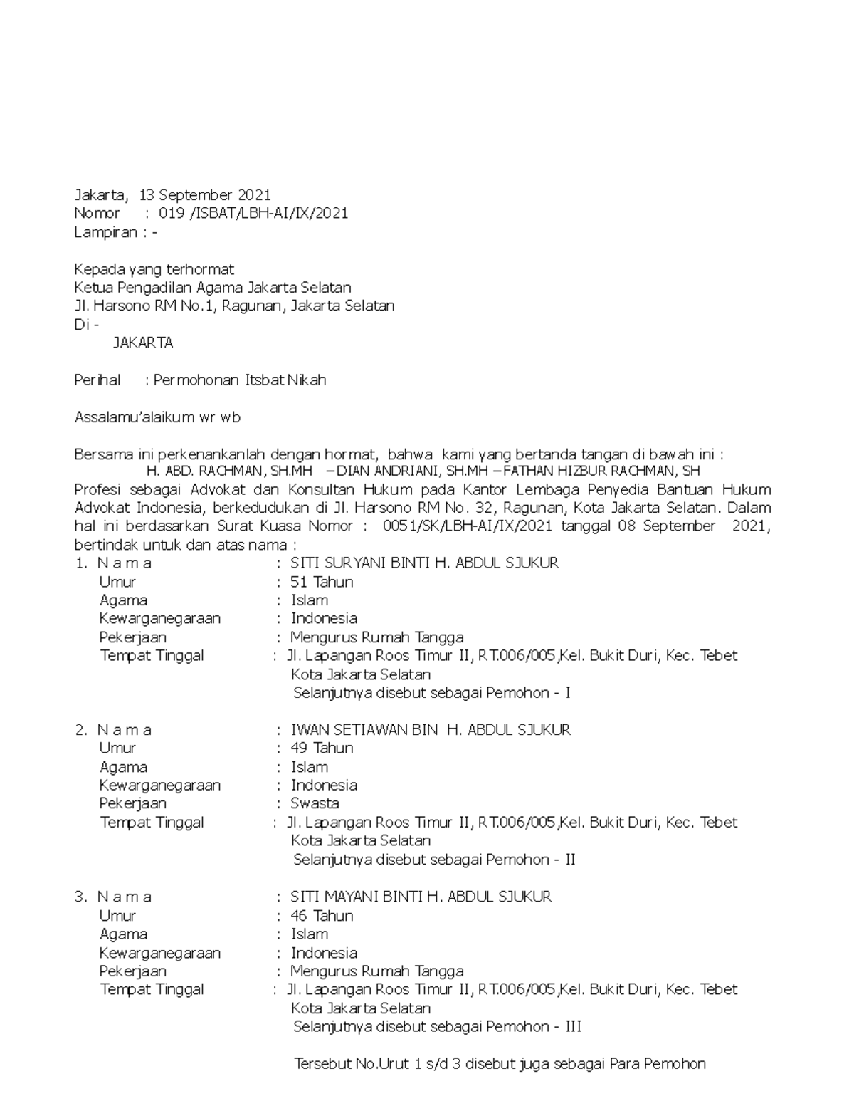 Isbat, Nikah - Married - Jakarta, 13 September 2021 Nomor : 019 /ISBAT ...