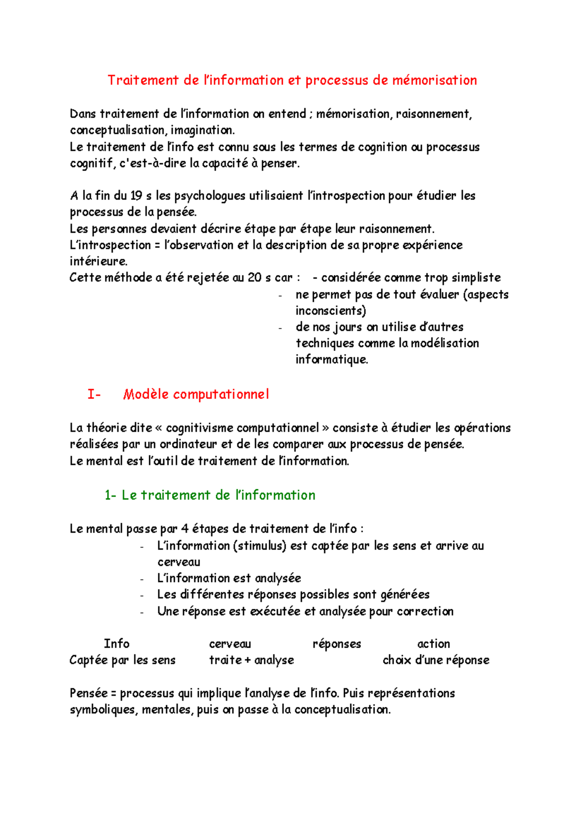 Traitement de l’information et processus de mémorisation - Traitement ...