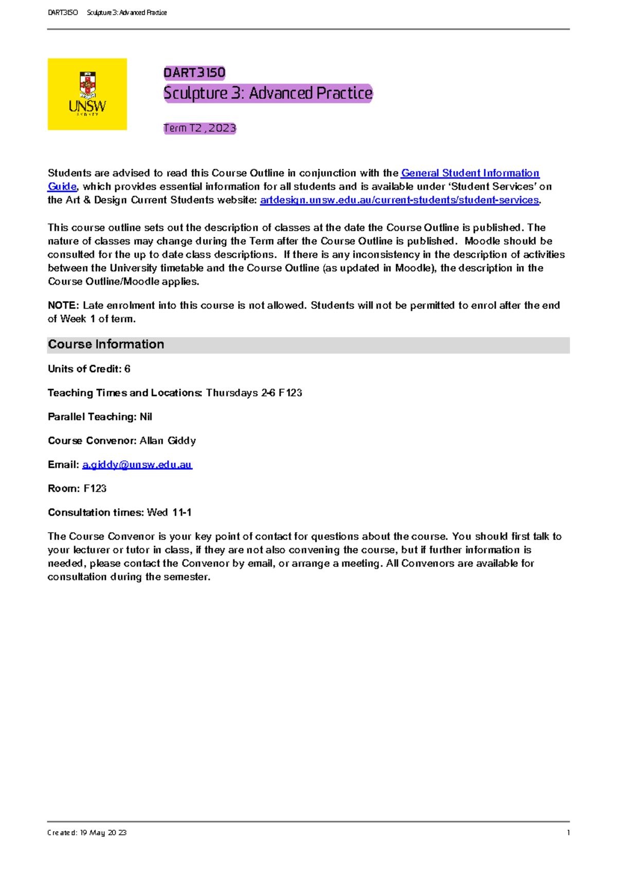 DART3150 (1) - Course Outline - DART1300 - UNSW Sydney - Studocu