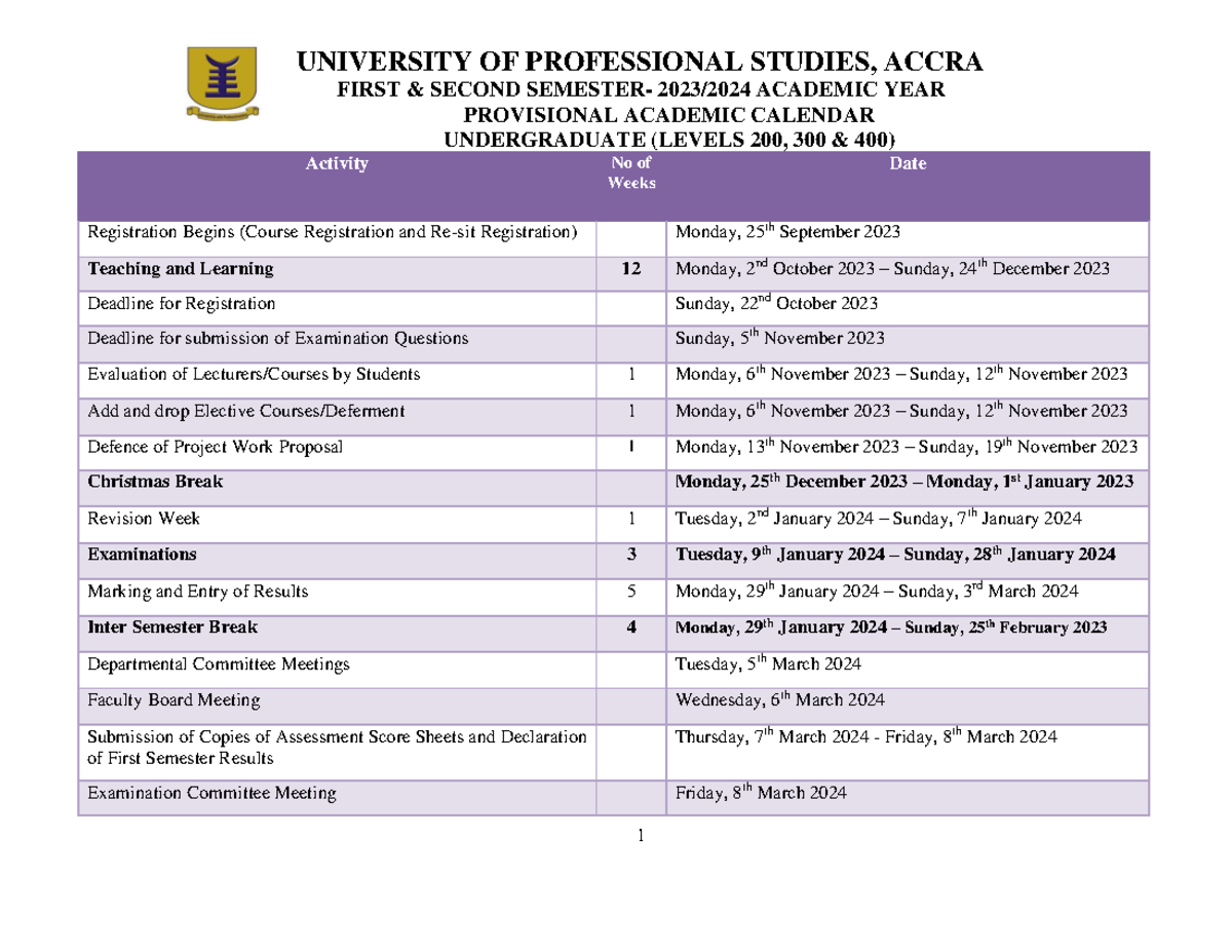 Levels 200 300- 400 Academic Calender 2023-2024 - 1 UNIVERSITY OF PROFESSIONAL STUDIES, ACCRA ...