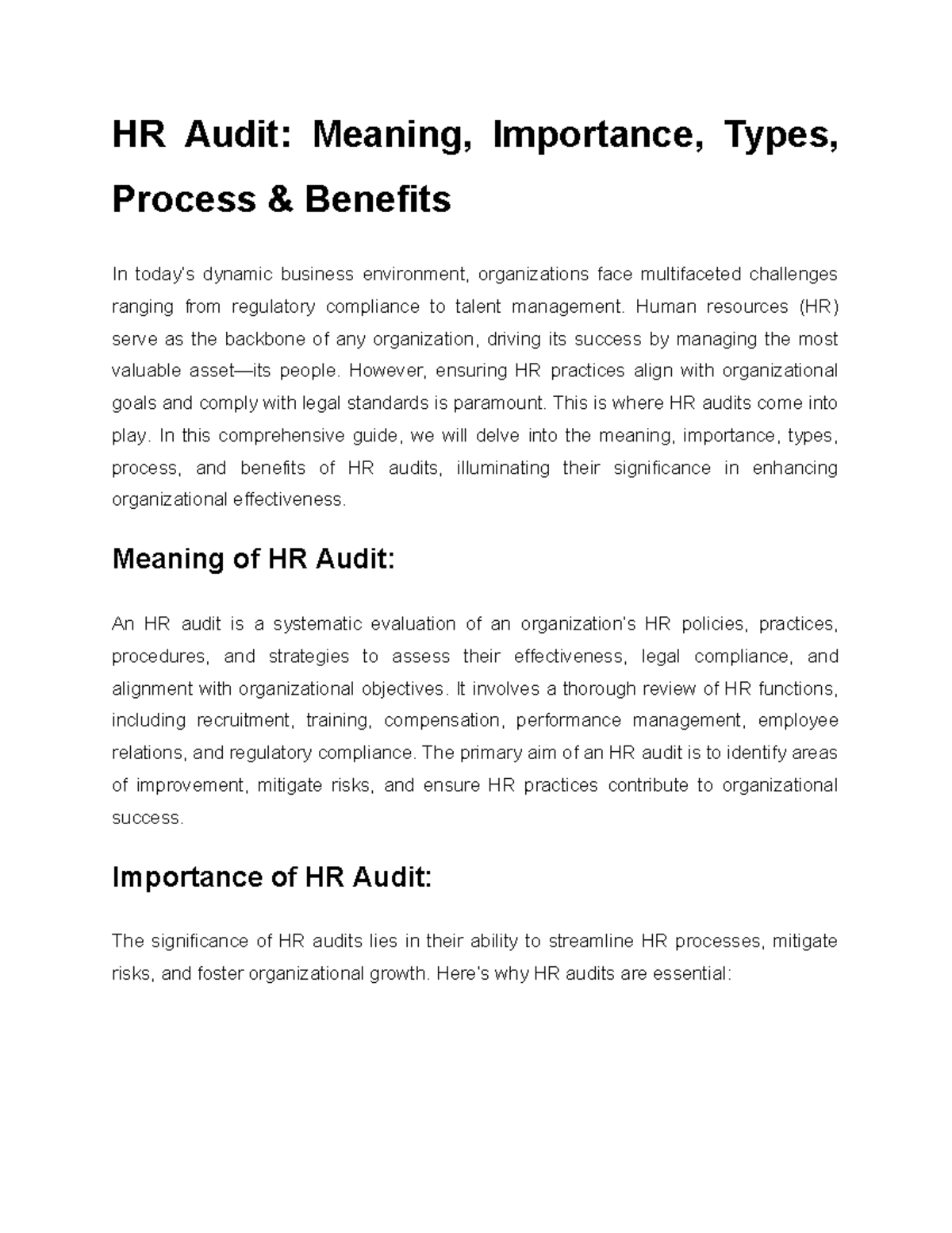 HR Audits - its good - HR Audit: Meaning, Importance, Types, Process & Benefits In today’s - Studocu