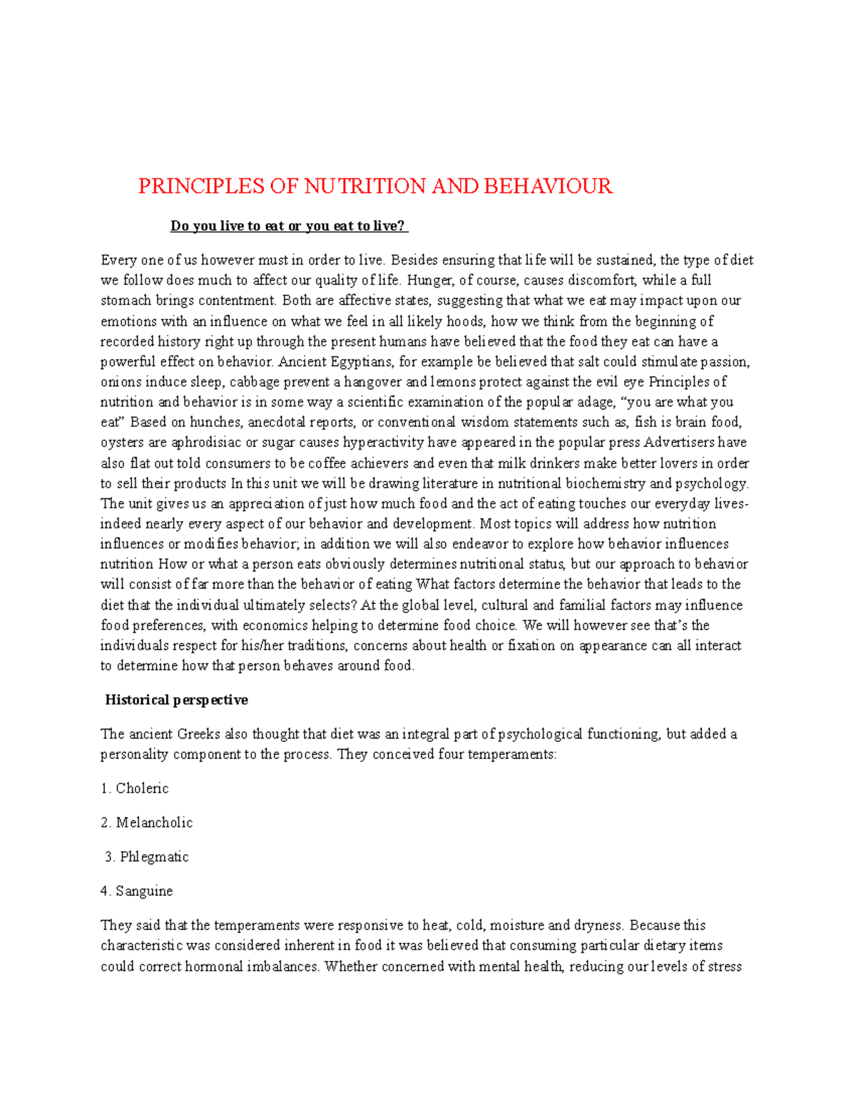 PHNB Notes - good - PRINCIPLES OF NUTRITION AND BEHAVIOUR Do you live ...