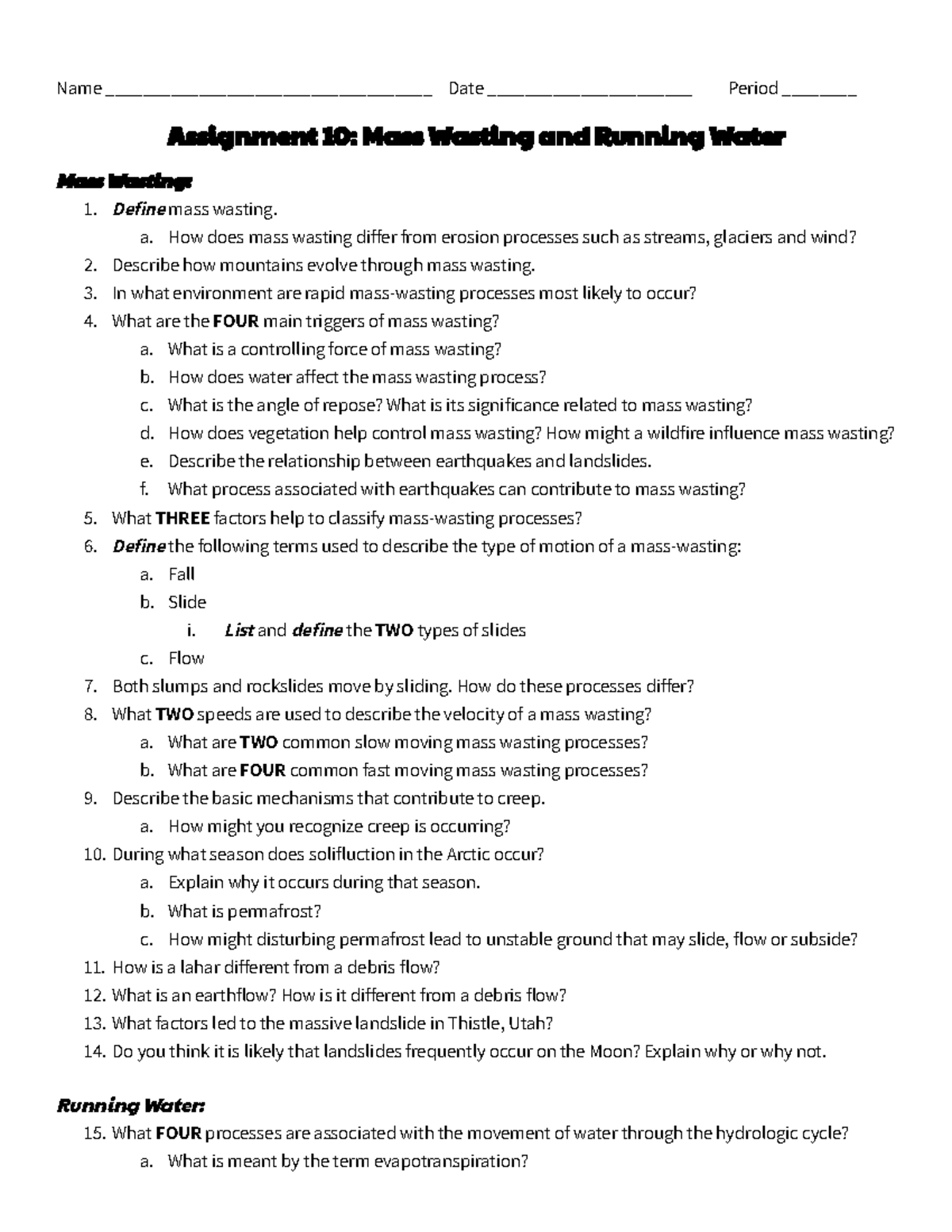 Copy of Assignment 10 Mass Wasting and Running Water - Name