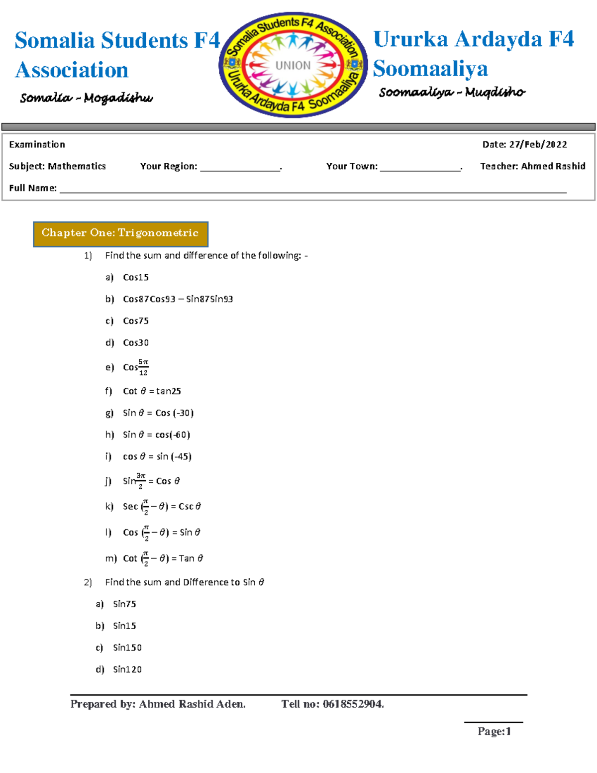 Mathematics All Chapters Test Exercise - - Studocu