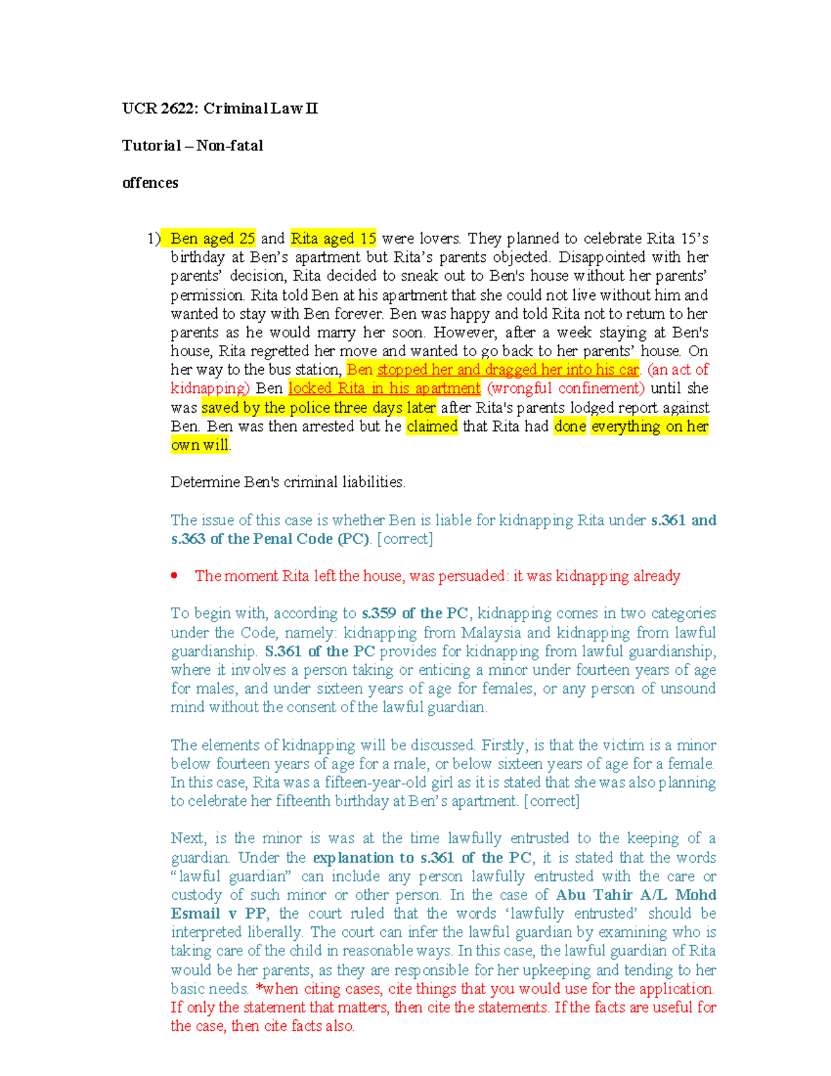 Tutorial 1 Criminal law - UCR 2622: Criminal Law II Tutorial – Non ...