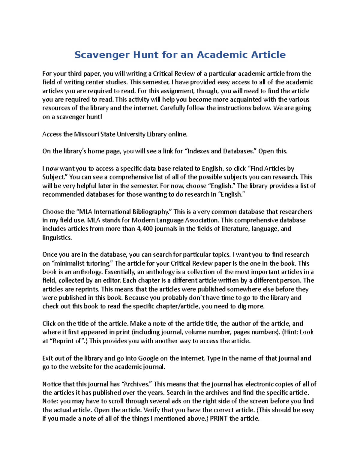 Scavenger Hunt for an Academic Article - This semester, I have provided ...