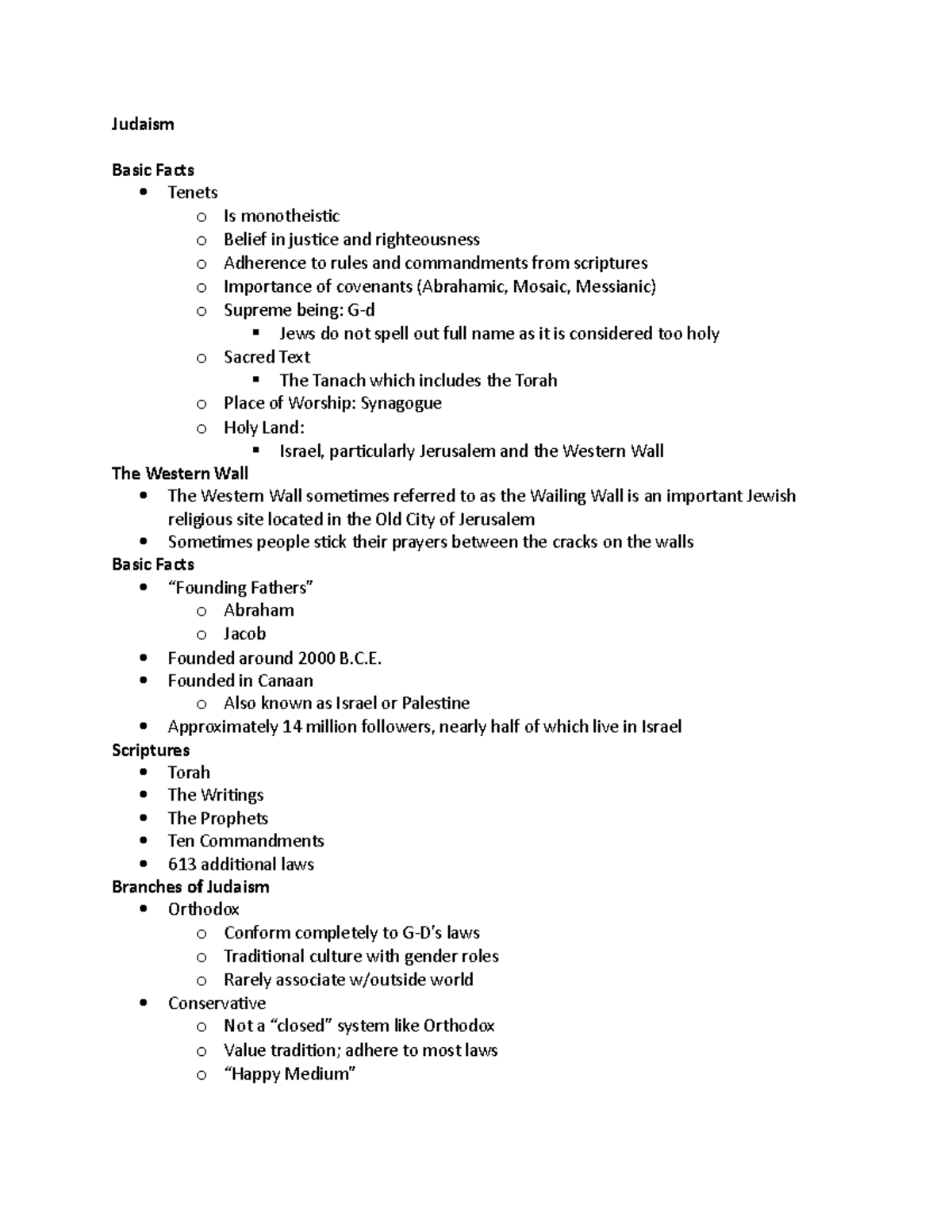 Judaism - Lecture notes 8 - Judaism Basic Facts Tenets o Is ...