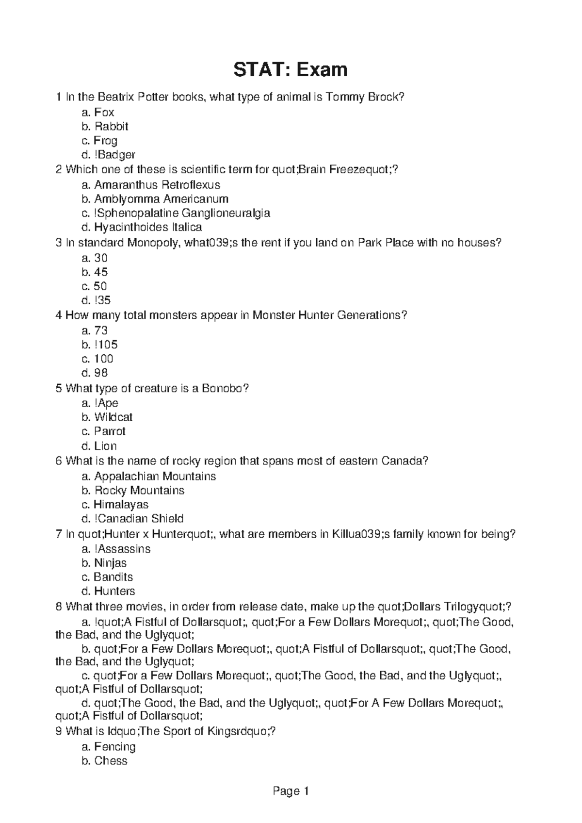 STAT182 Practice 9 - STAT: Exam 1 In the Beatrix Potter books, what ...