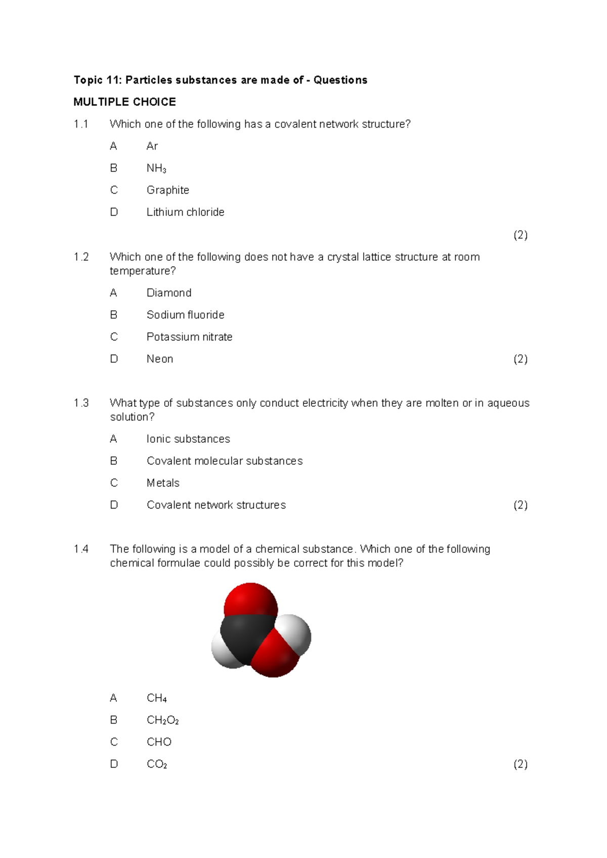 Grade 10 topic 11 Assessment questions - Topic 11: Particles substances ...