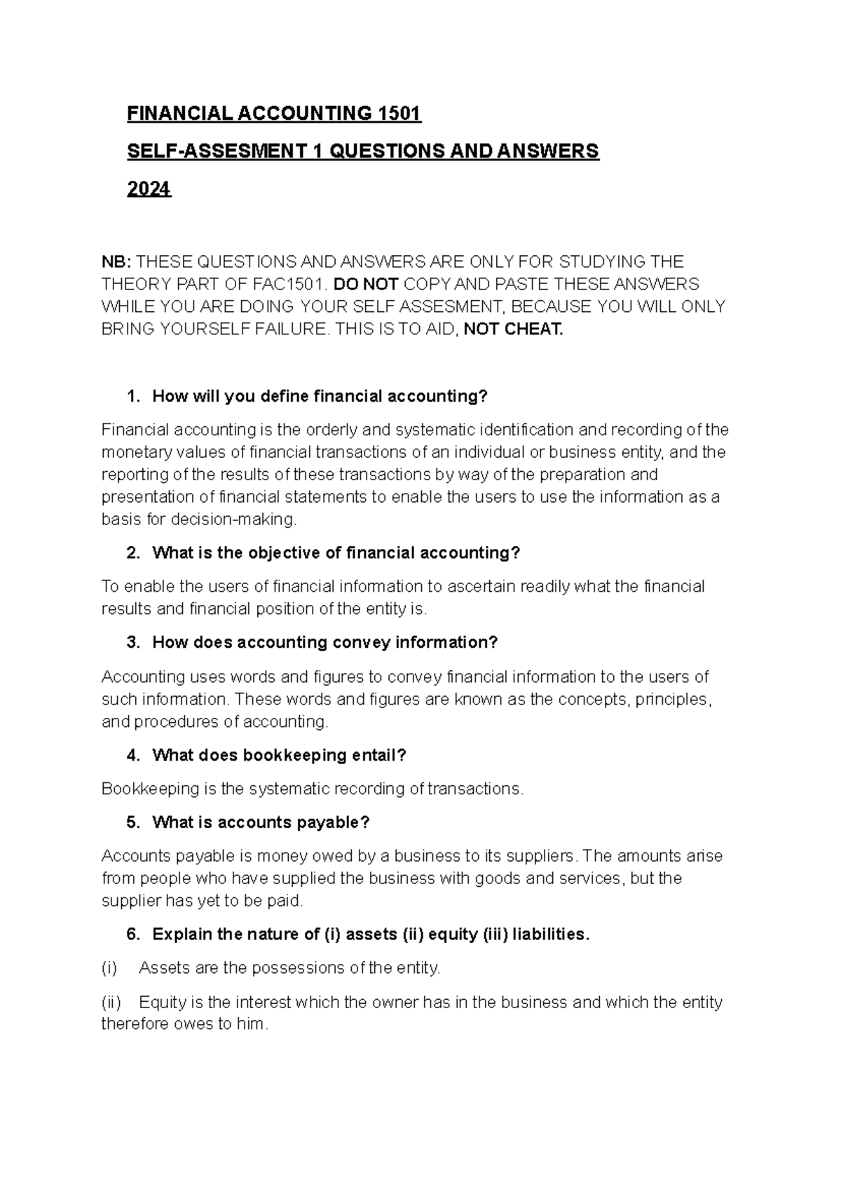 Financial Accounting 1501 SELF- Assesment 1 - FINANCIAL ACCOUNTING 1501 ...
