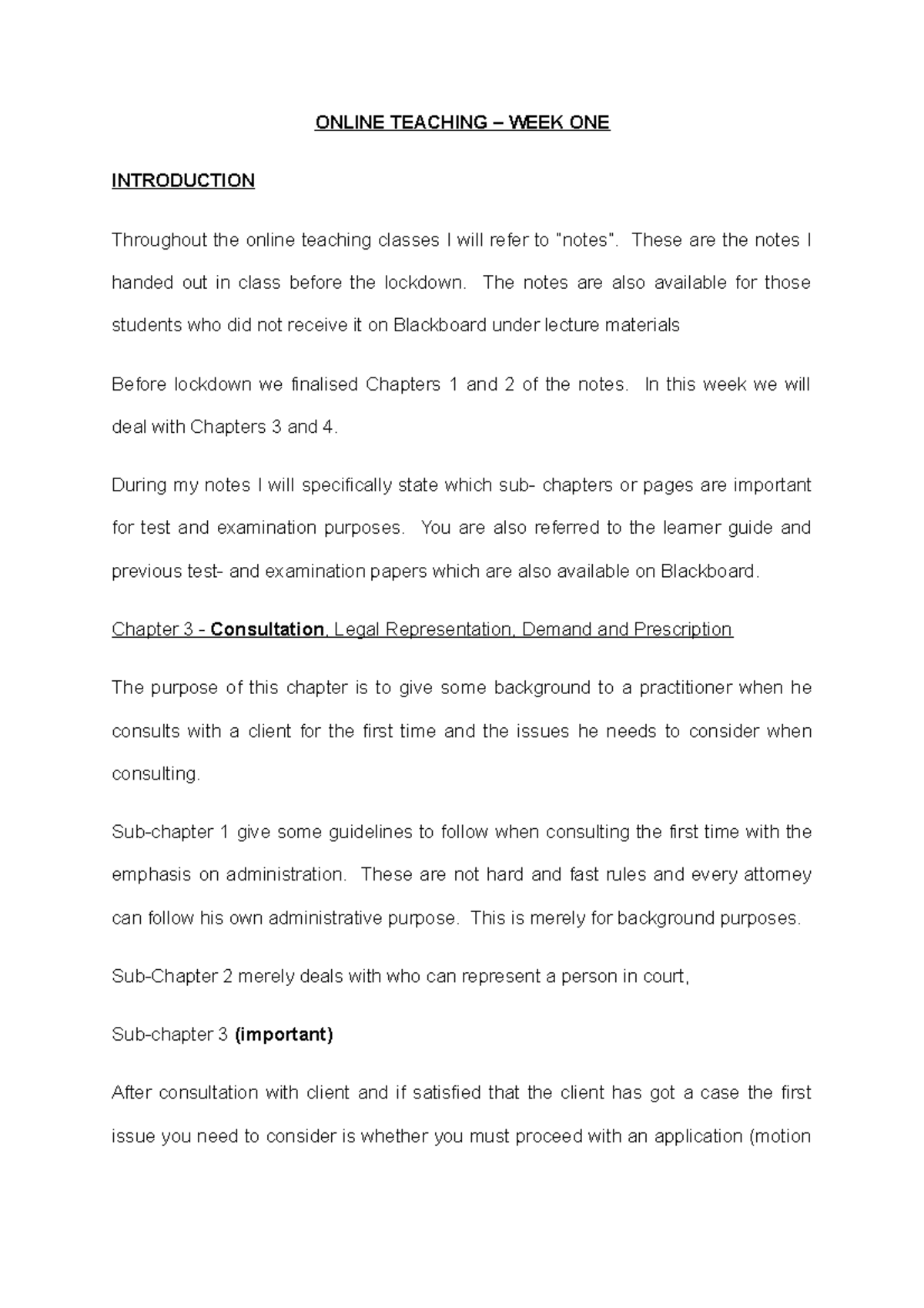 Null - notes - ONLINE TEACHING – WEEK ONE INTRODUCTION Throughout the ...