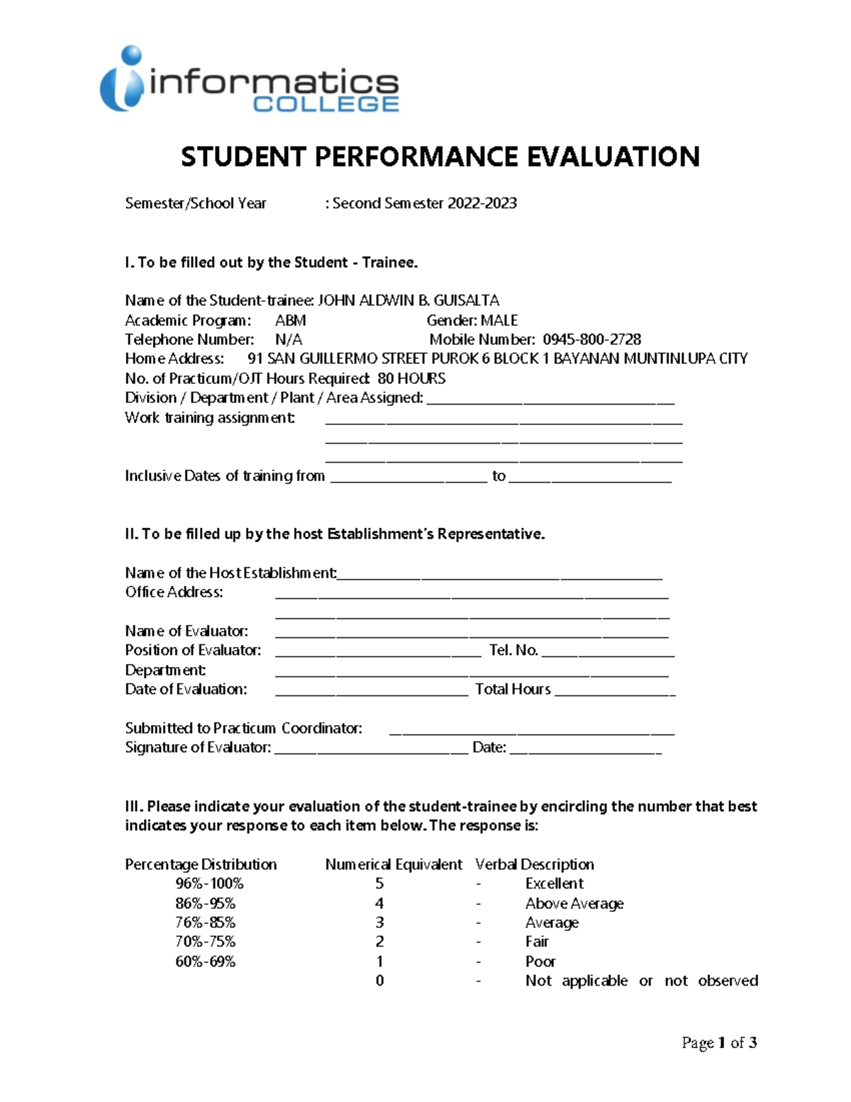 Guisalta Student Performance Evaluation Form - Page 1 of 3 STUDENT PERFORMANCE EVALUATION - Studocu