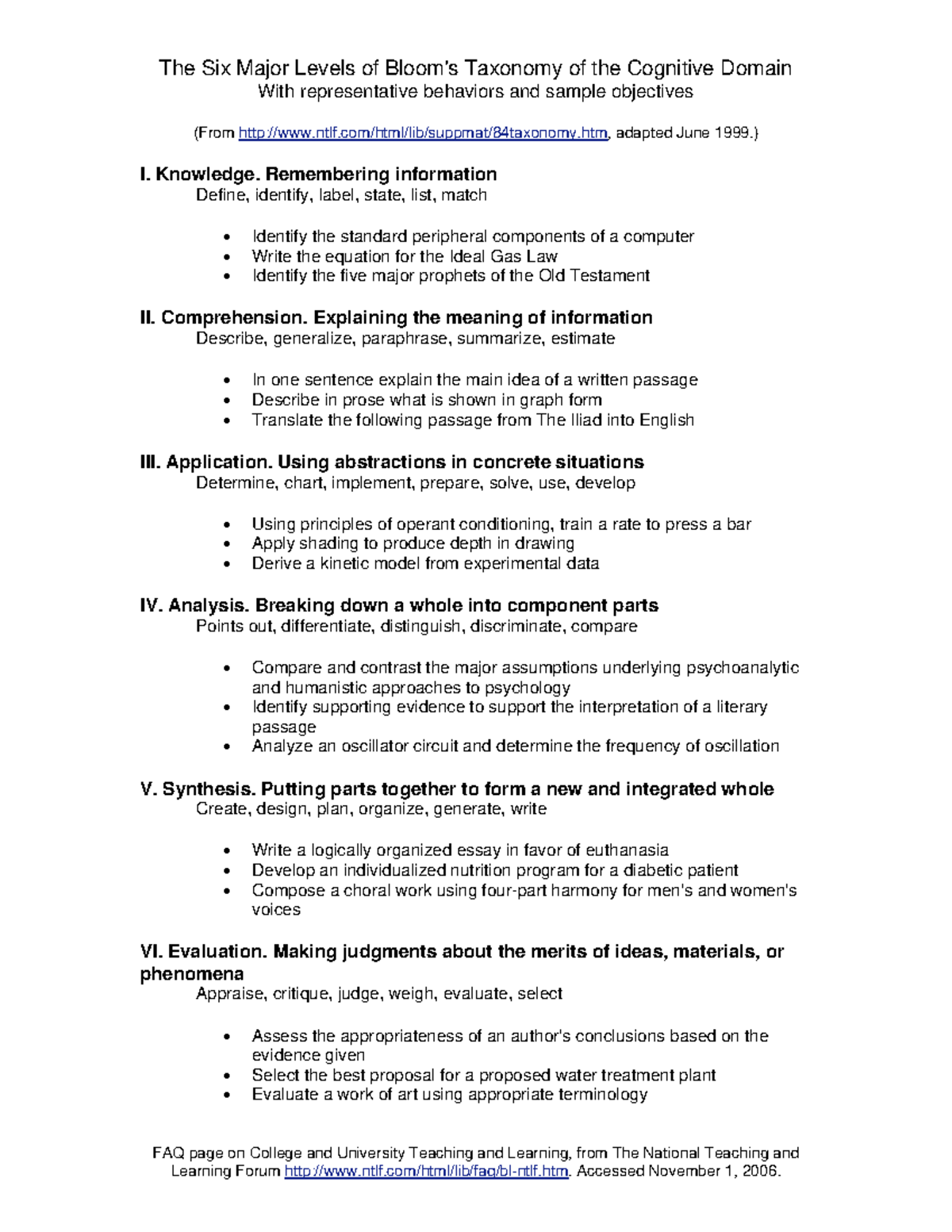 The Six Major Levels of Bloom's Taxonomy of the Cognitive Domain-2006 ...