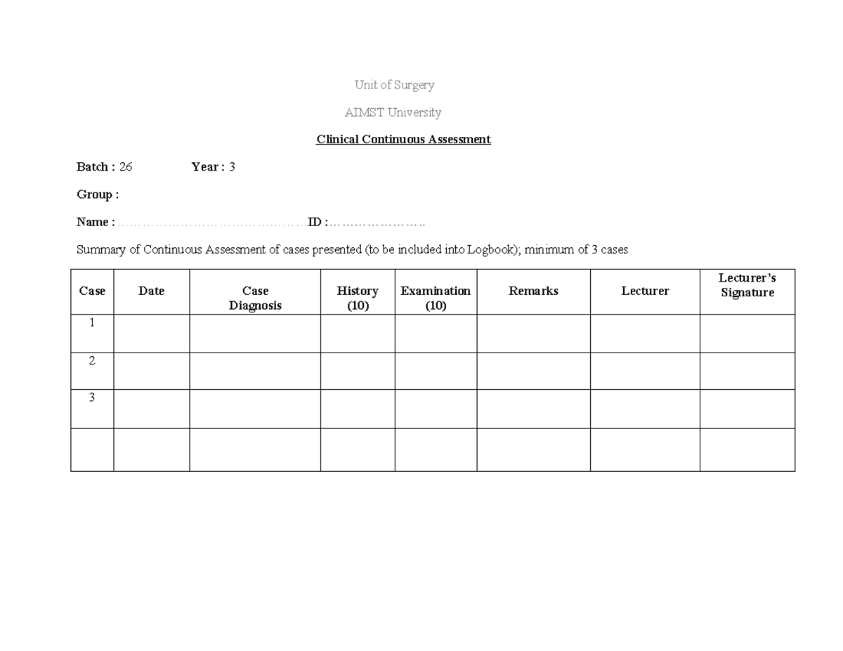 Yr 3 Surgery Clinical CA 6week marksheet - MBBS - Unit of Surgery AIMST ...