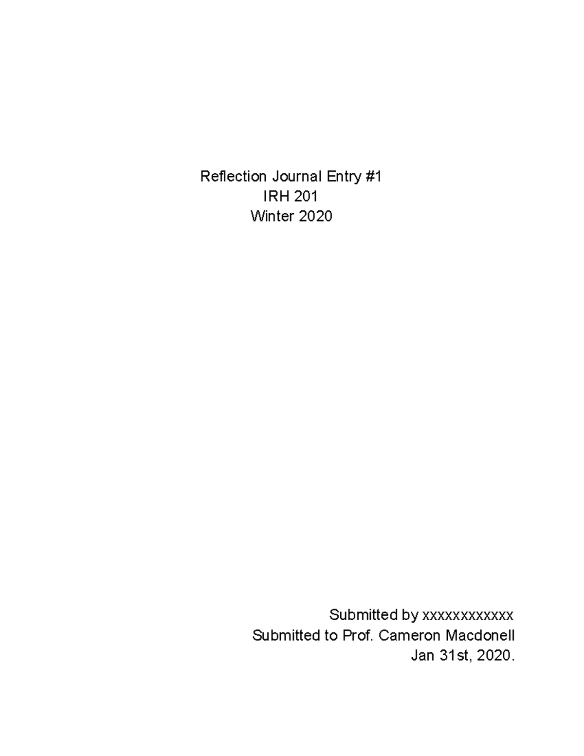 IRH 201 Journal 1 Domestic Interiority - Reflection Journal Entry IRH ...