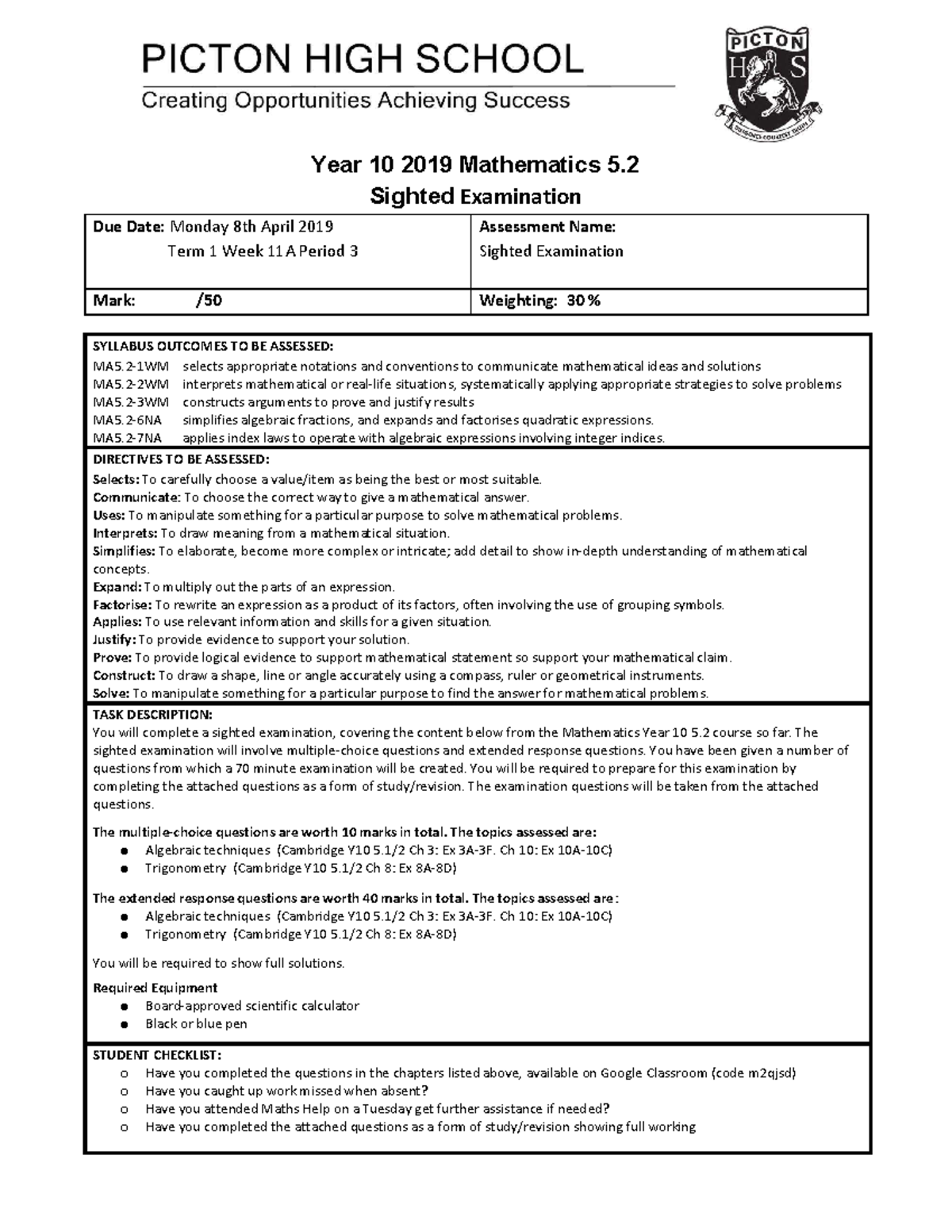 Yr 10 Mathematics 5 - Questions - Year 10 2019 Mathematics 5. Sighted ...