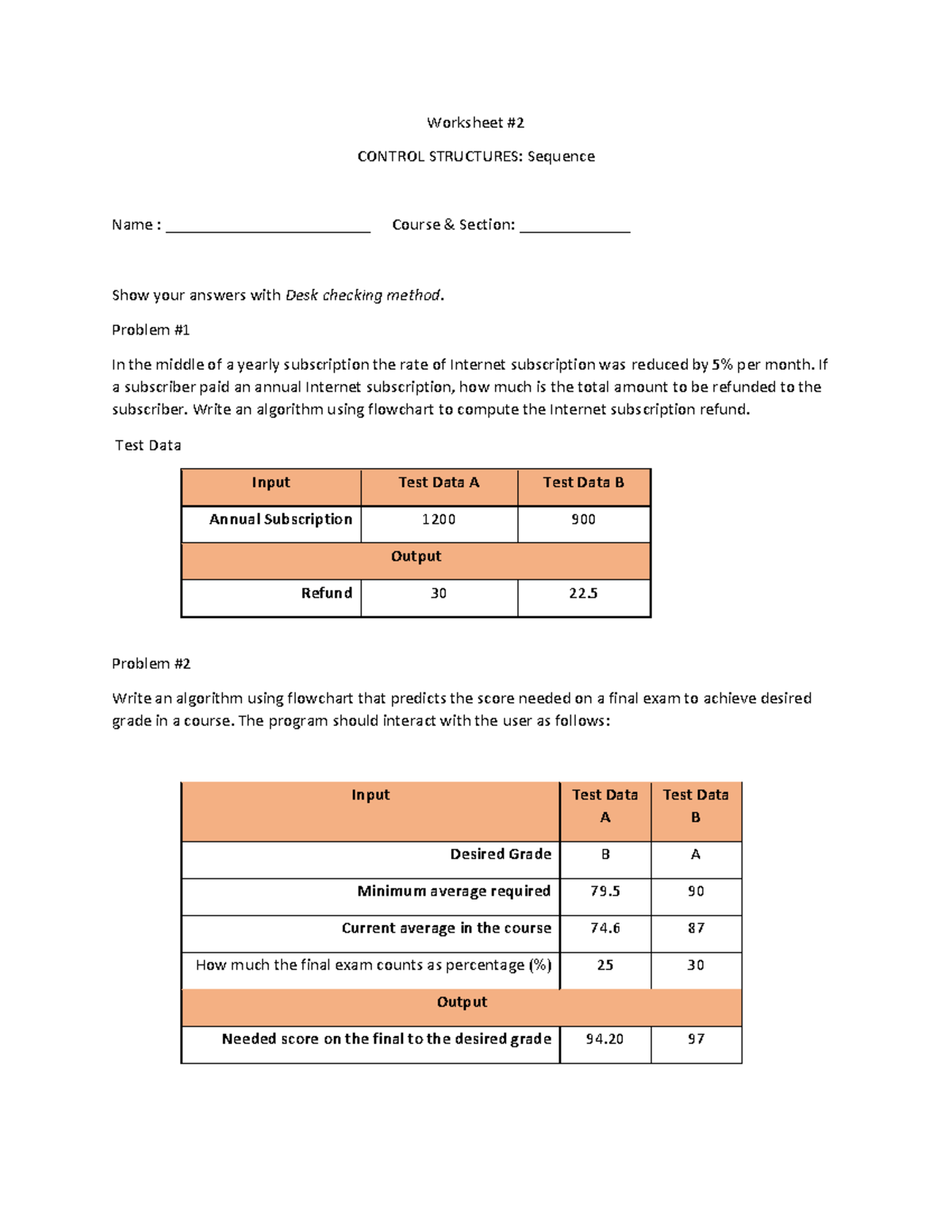 Work Sheet-2-Sequential - Worksheet # CONTROL STRUCTURES: Sequence Name