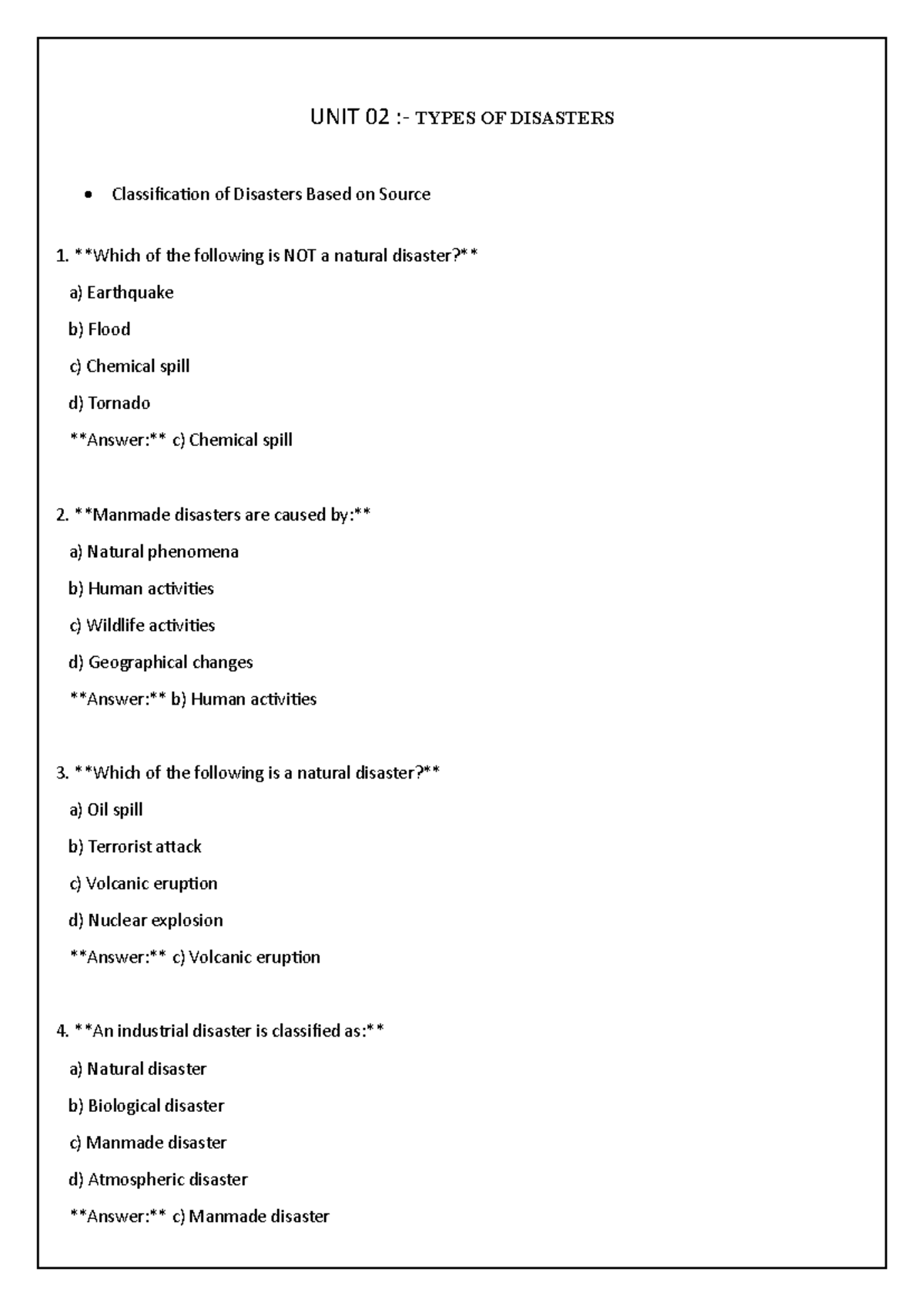 DM UNIT 02 - MCQ of Disaster management - UNIT 02 :- TYPES OF DISASTERS ...