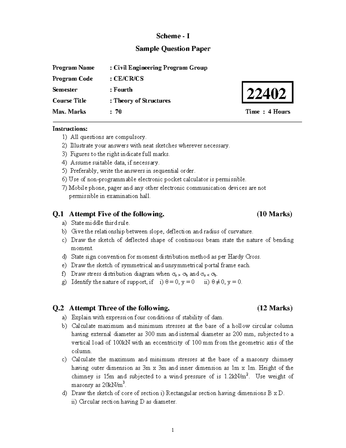 22402 -sample-question-paper- Theory of Structures - Scheme - I Sample Question Paper Program ...
